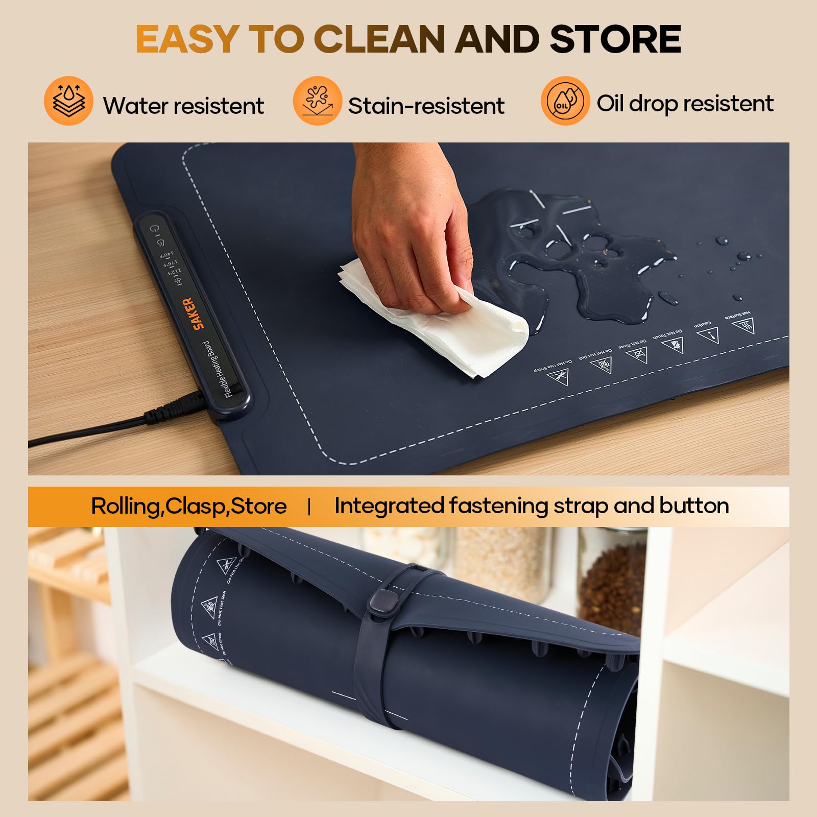 Saker Food Warming Mat, Electric Warming Tary, Silicone Warming Mat for Food with 3 Temperature Settings & Child Lock, Full-Surface Heating, Portable Foldable Warming Tray for Party, Buffet, Daily Use