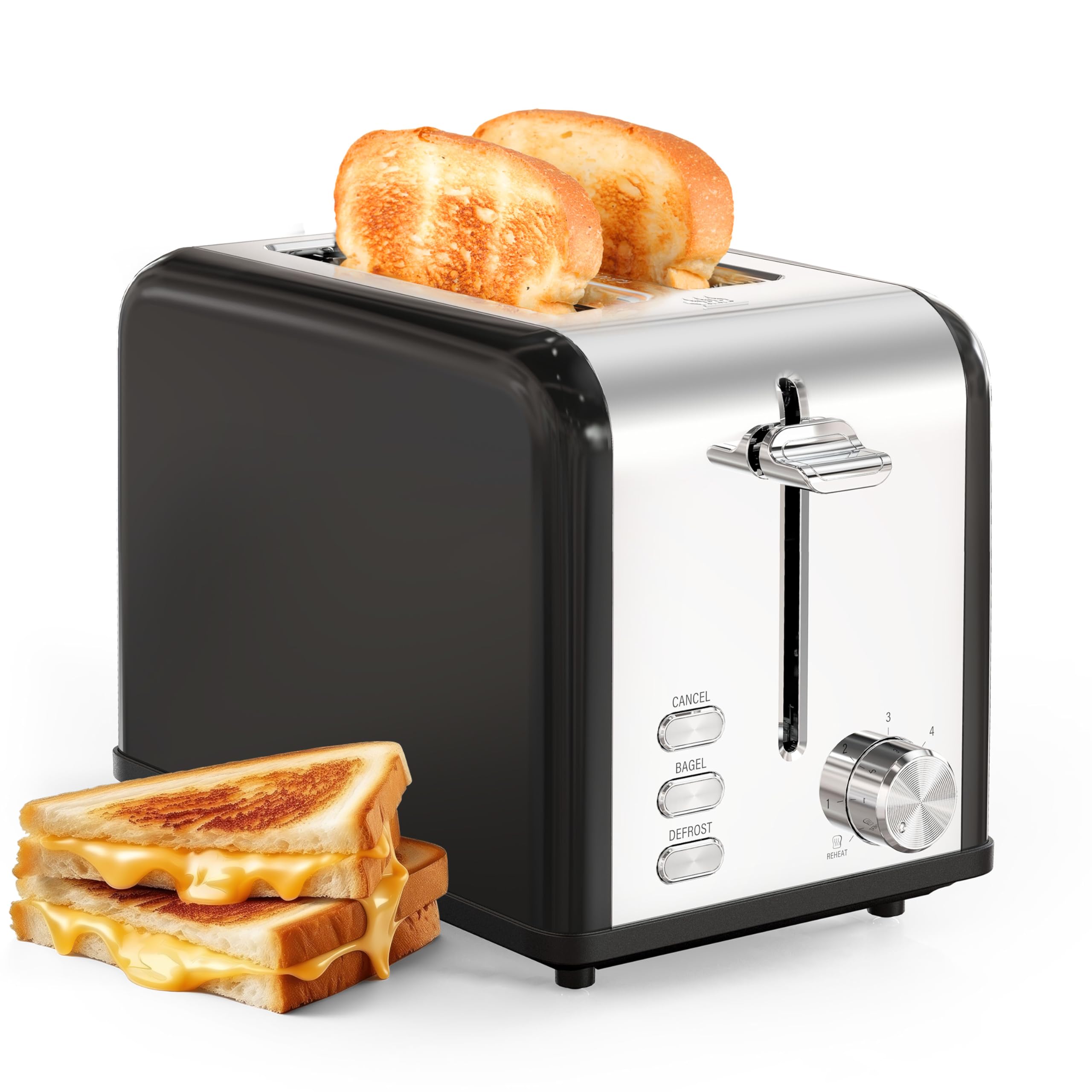 Simple Deluxe 2-Slice Toaster, Stainless Steel Toaster, 6 Browning Setting and 3 Function, Extra Wide Slot & Removable Crumb Tray, for Bread & Waffle, Black