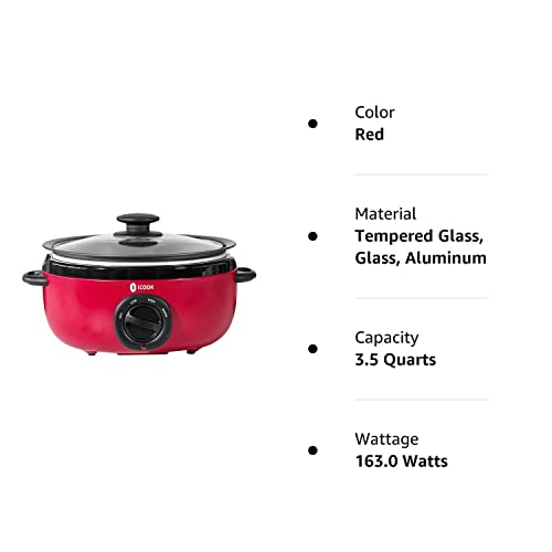 ICOOK USC-35-OP001RD 3.5 Quart Slow Cooker,Aluminium Sear/Sauté Stew Pot Stovetop safe,Dishwasher Safe,Glass Lid,Adjustable Temp,Food Warmer,Red