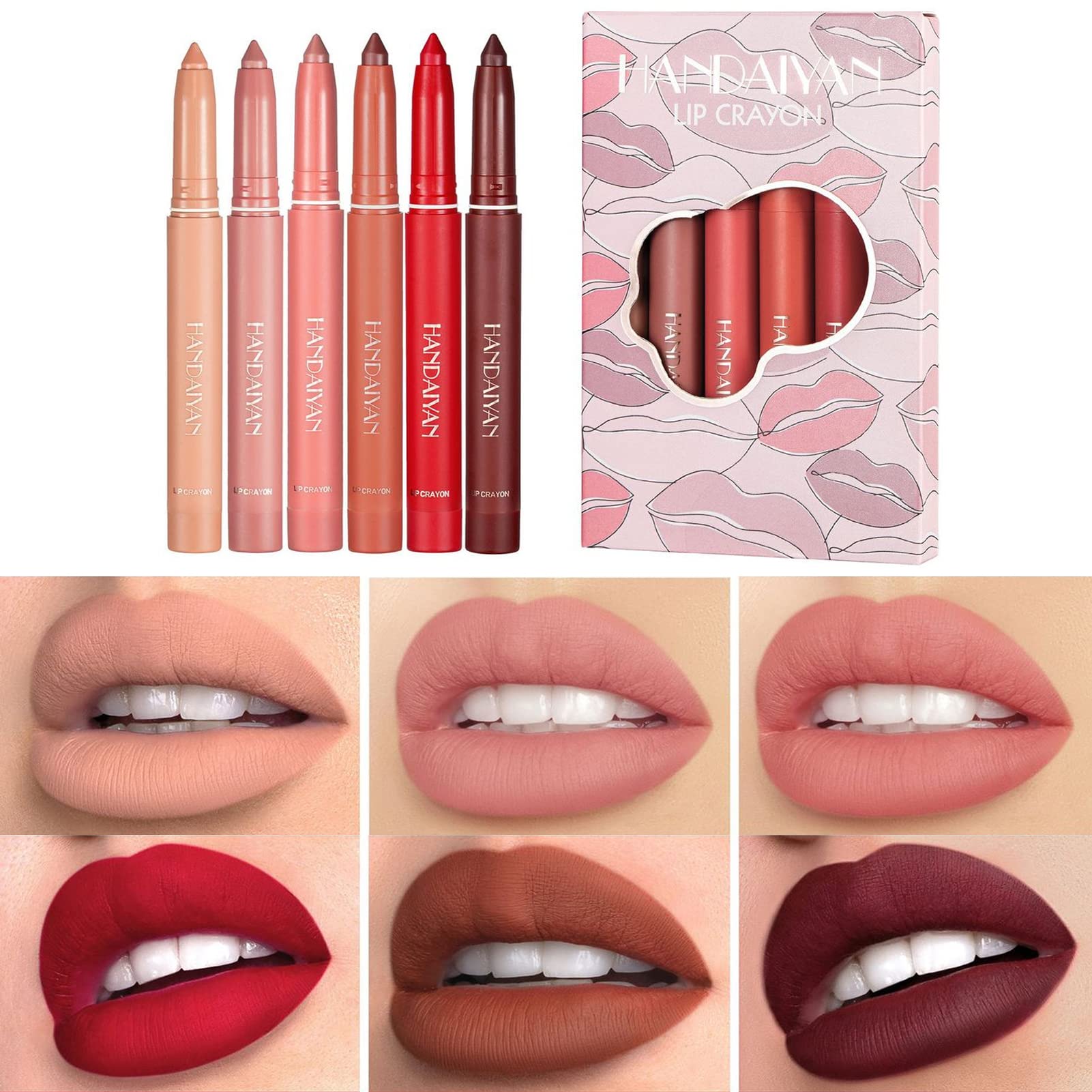 LuckNest 6Pcs Matte Nude Lipstick Set, Long Lasting Nourishing Crayon Lipstick with Built-In Sharpener, Hydrating Highly Pigmented Nude Velvety Lipstick Gift Set (A)