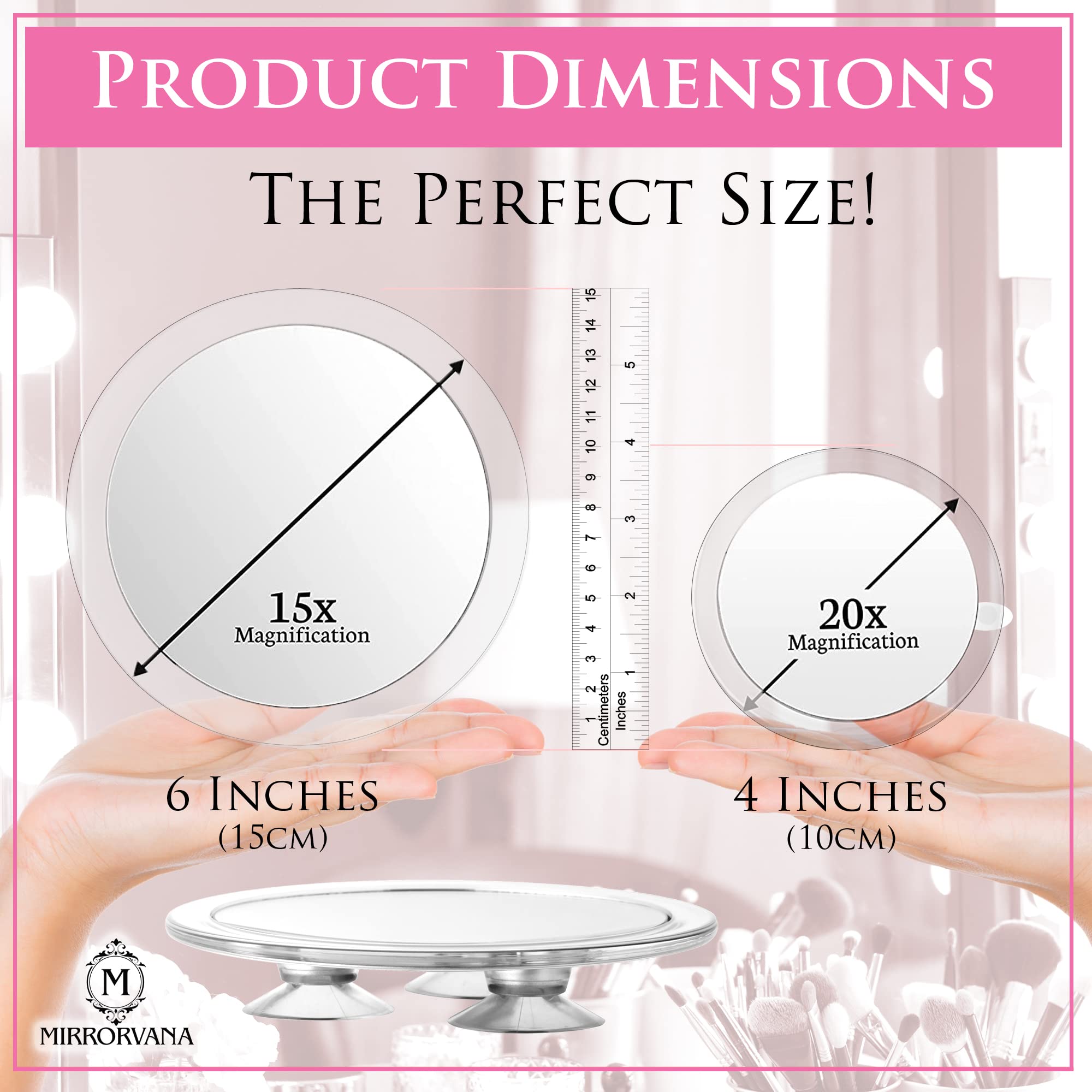 MIRRORVANA 20X & 15X Magnifying Mirror Set Combo with 3 Suction Cups Each and Small Pocket Size 7X Magnified Compact Mirror for Purse and Handbag Bundle