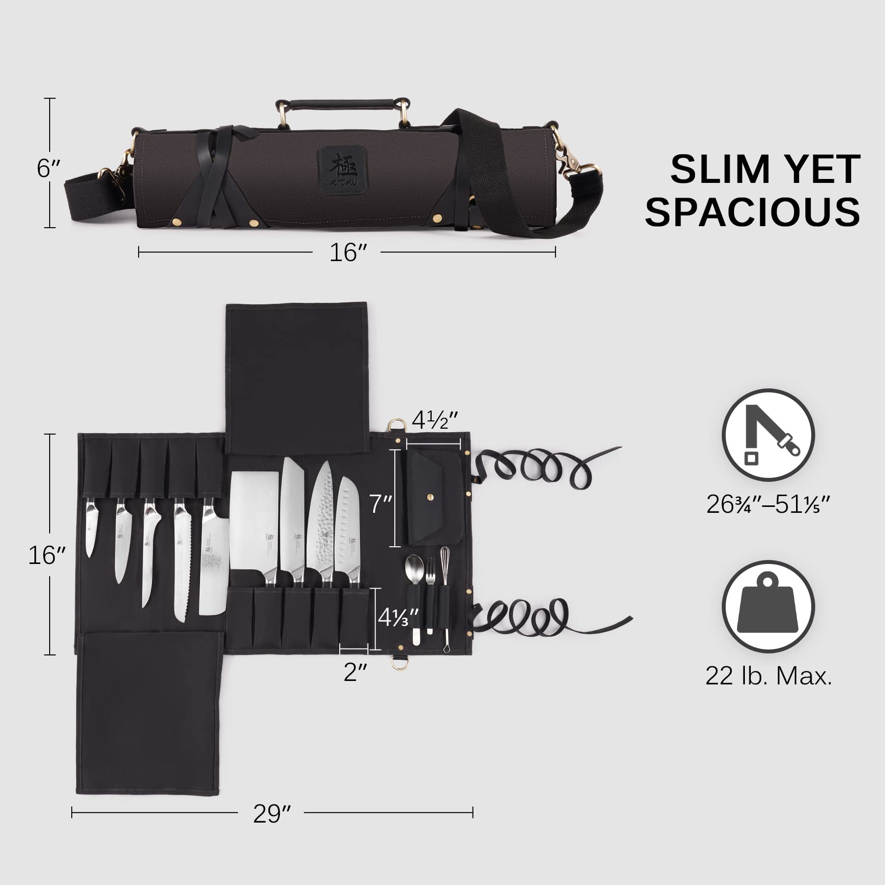 KYOKU Samurai Series Chef Knife + Nakiri Knife + Professional Chef Knife Roll Bag Black