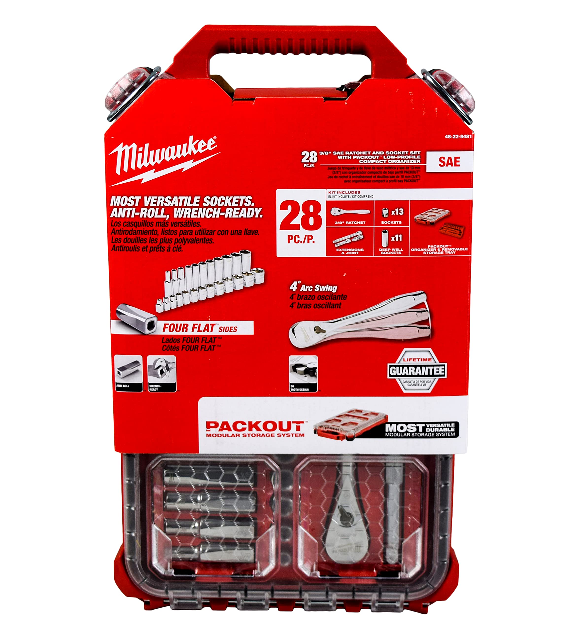 Milwaukee 48-22-9481 28-Piece 3/8 in. Drive SAE Ratchet and Socket Set with PACKOUT Low-Profile Compact Organizer