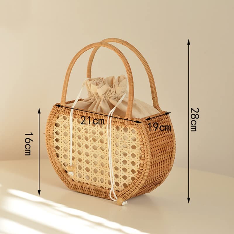 LSDJGDDE Hand Basket Picnic Travel Hand Woven Rattan Handbag Semicircular Stitching Lace up Inner Pocket Handmade