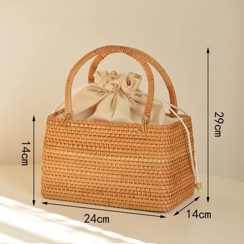 LSDJGDDE Hand Basket Picnic Travel Hand Woven Rattan Handbag Semicircular Stitching Lace up Inner Pocket Handmade