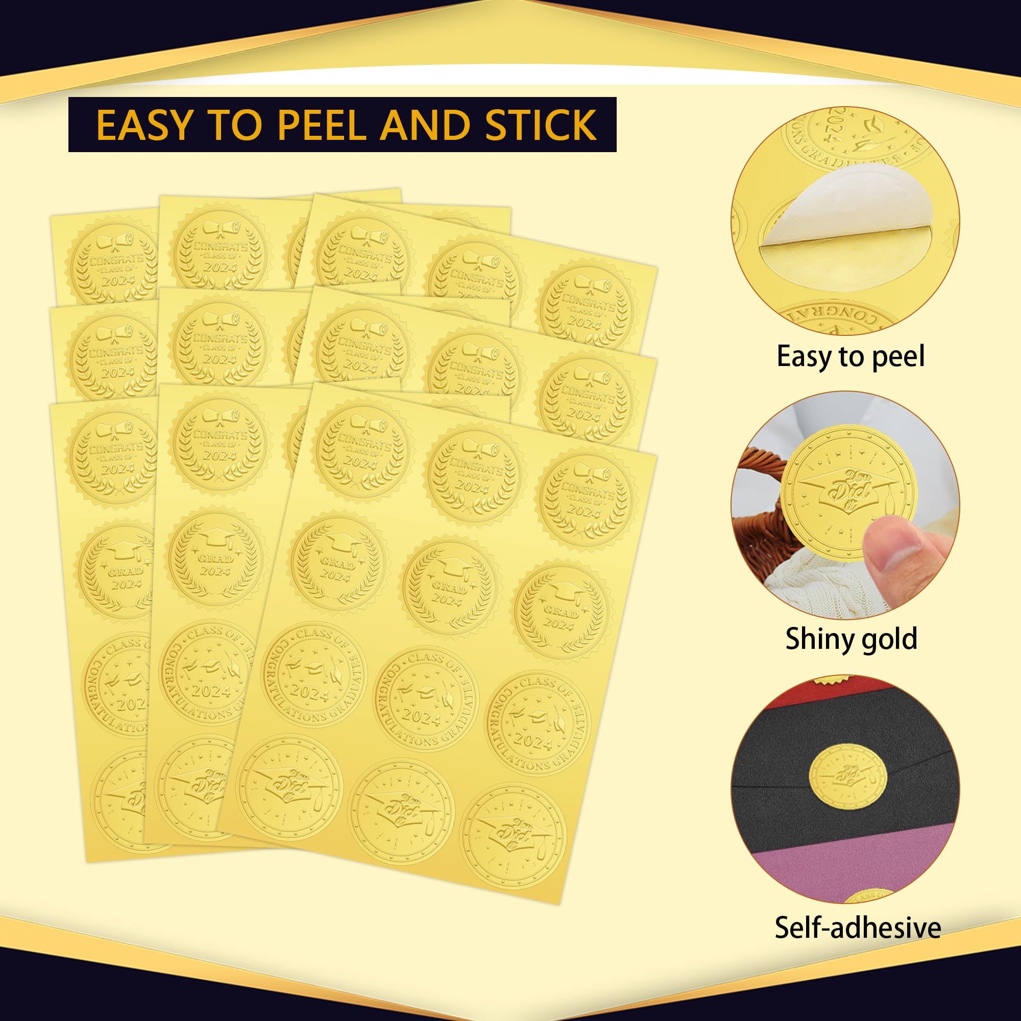 Lucleag 360 PCS Embossed Graduation Envelope Seals Stickers, 2024 Gold Foil Self Adhesive Graduation Diploma Grad Hat Sealing Stickers for Envelopes Candy Graduation Party Favor Decal, 1.5 inch