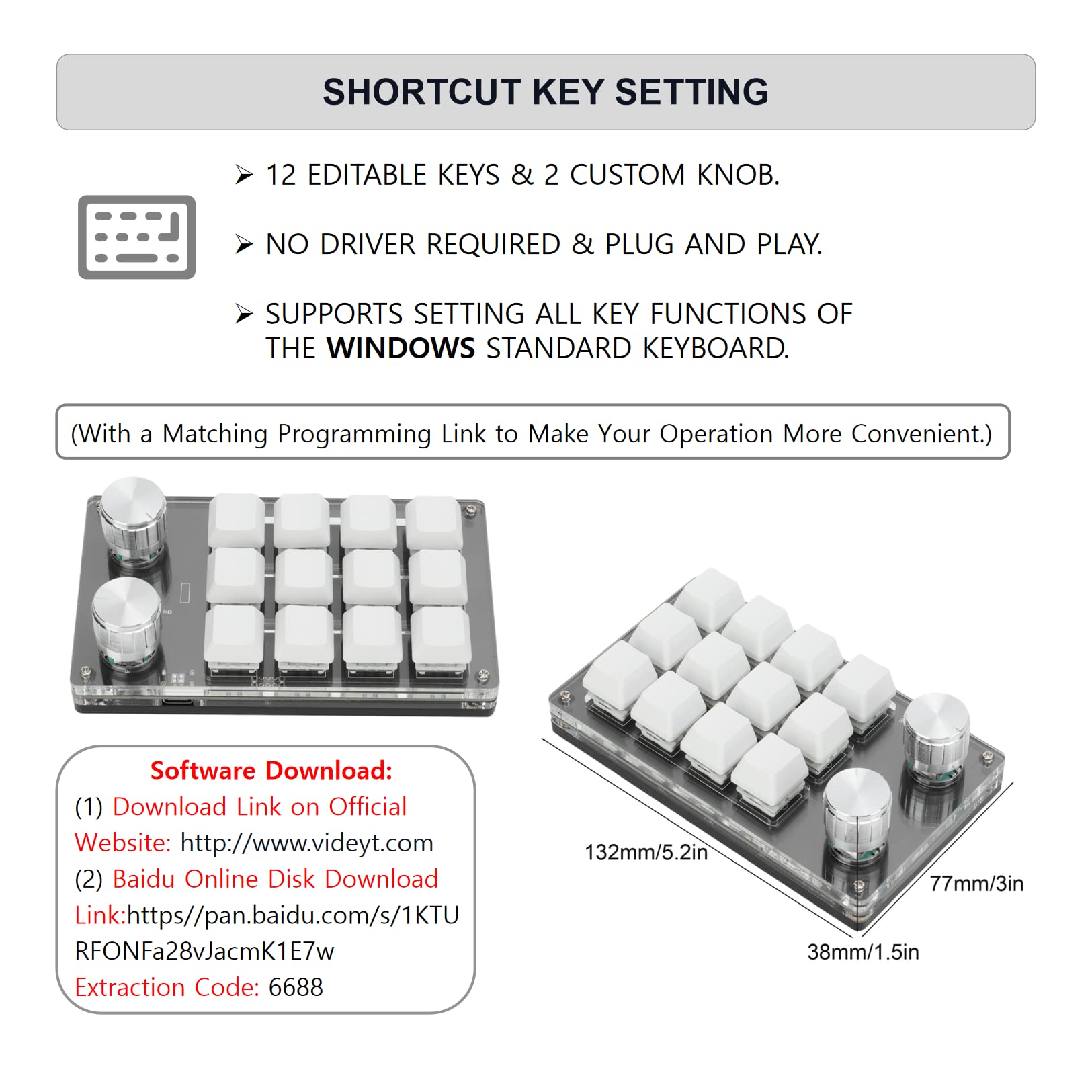 KUIDAMOS 12 Key Mini Mechanical Gaming Keyboard,Macro Keyboard Knob with Type C to USB Interface Mini One-Handed Mechanical Gaming Keypad One-Click Start for Linux OS X(White)