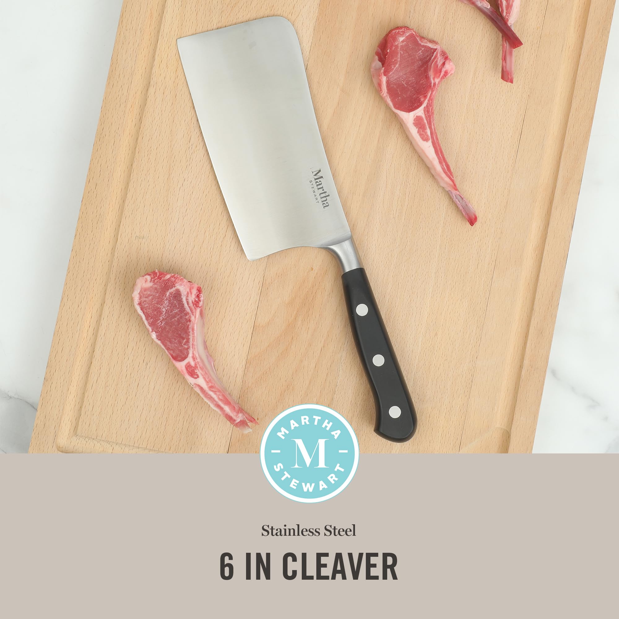 Martha Stewart Carverton 6" Cleaver Knife, High Carbon Stainless Steel Kitchen Knives w/Black Triple Riveted Handle