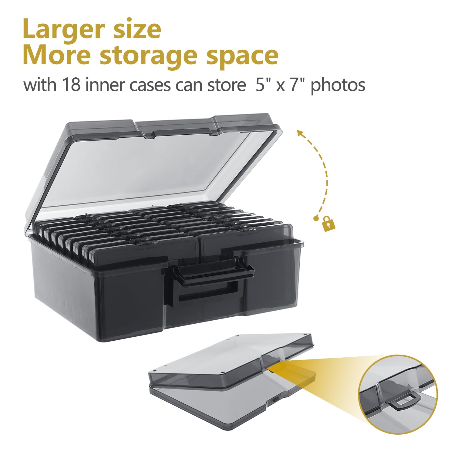 IDekooror Photo Storage Box 5" x 7", 18 Inner Extra Large Photo Case Photo Organizer Acid-Free Photo Boxes Storage, Plastic Craft Storage Box with Handle for Pictures Stickers Stamps Seeds(Black)