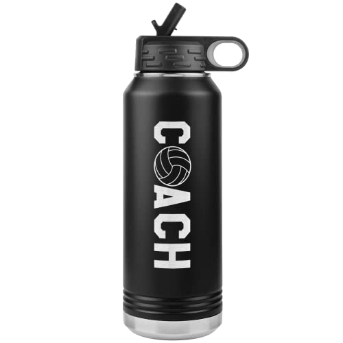JFWcreations Volleyball Coach Water Bottle - 32oz Insulated Engraved Stainless Steel Flip Top With Straw Volleyball Coach Gift Black