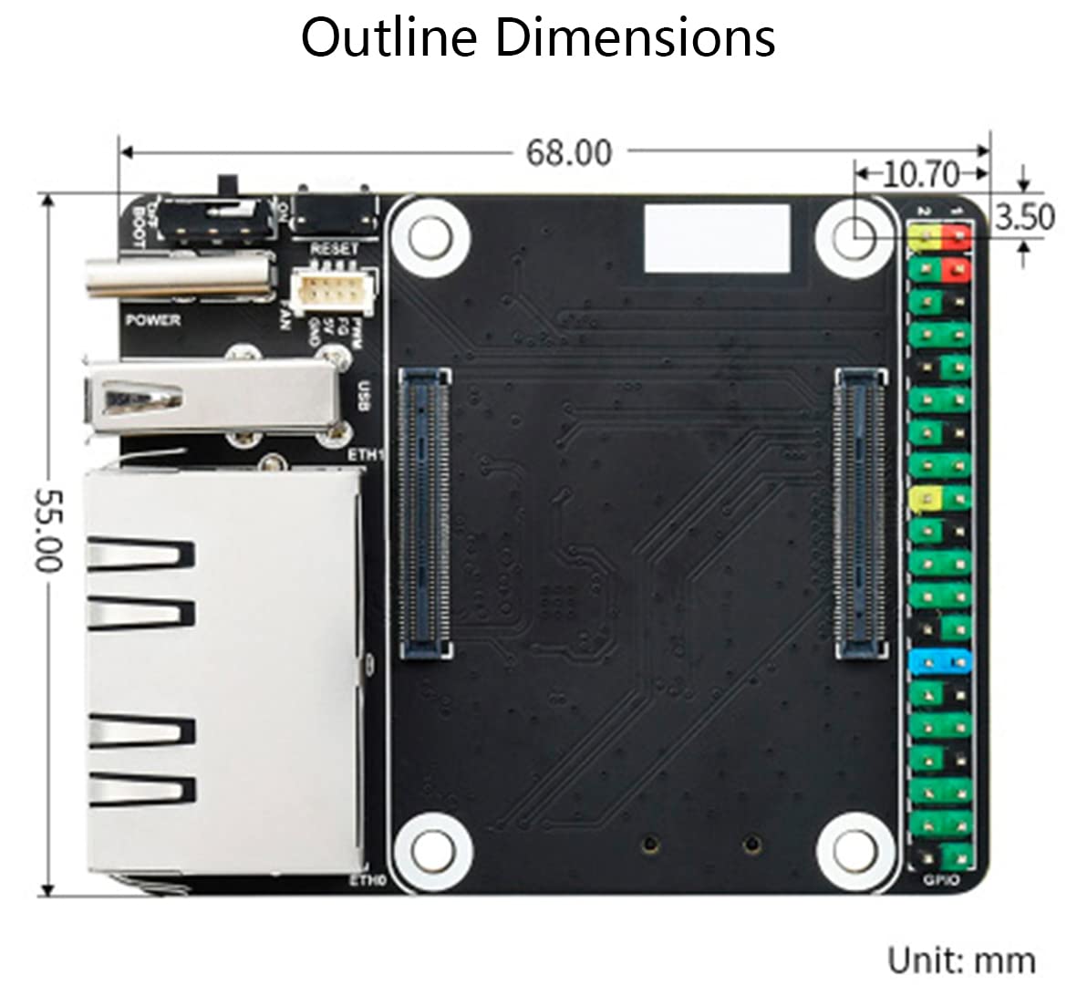 Mini Dual Gigabit Ethernet Base Board for Raspberry Pi Compute Module 4 Lite/eMMC Series,Onboard Dual Gigabit Ethernet RJ45,USB 2.0 Port Connector,40PIN GPIO Header