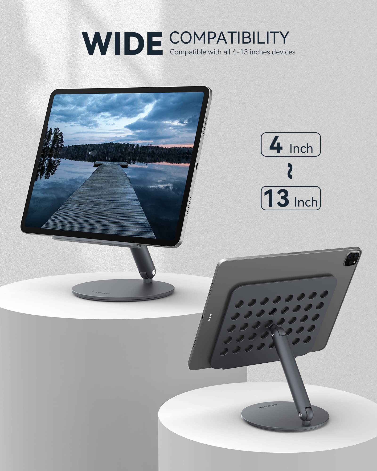 LULULOOK Tablet Stand for Desk, Foldable & 360° Rotation Tablet Stand Holder Compatible with iPad/Pro/Air/Mini, Phone, Samsung, Nexus 4-13" Gray