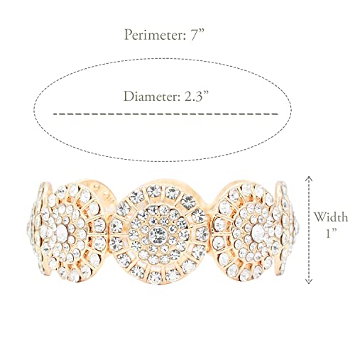 Lavencious Round Shape Elastic Stretch Bracelet Paved with Rhinestones Bridal Wedding Jewelry for Women 7"(Gold Clear)