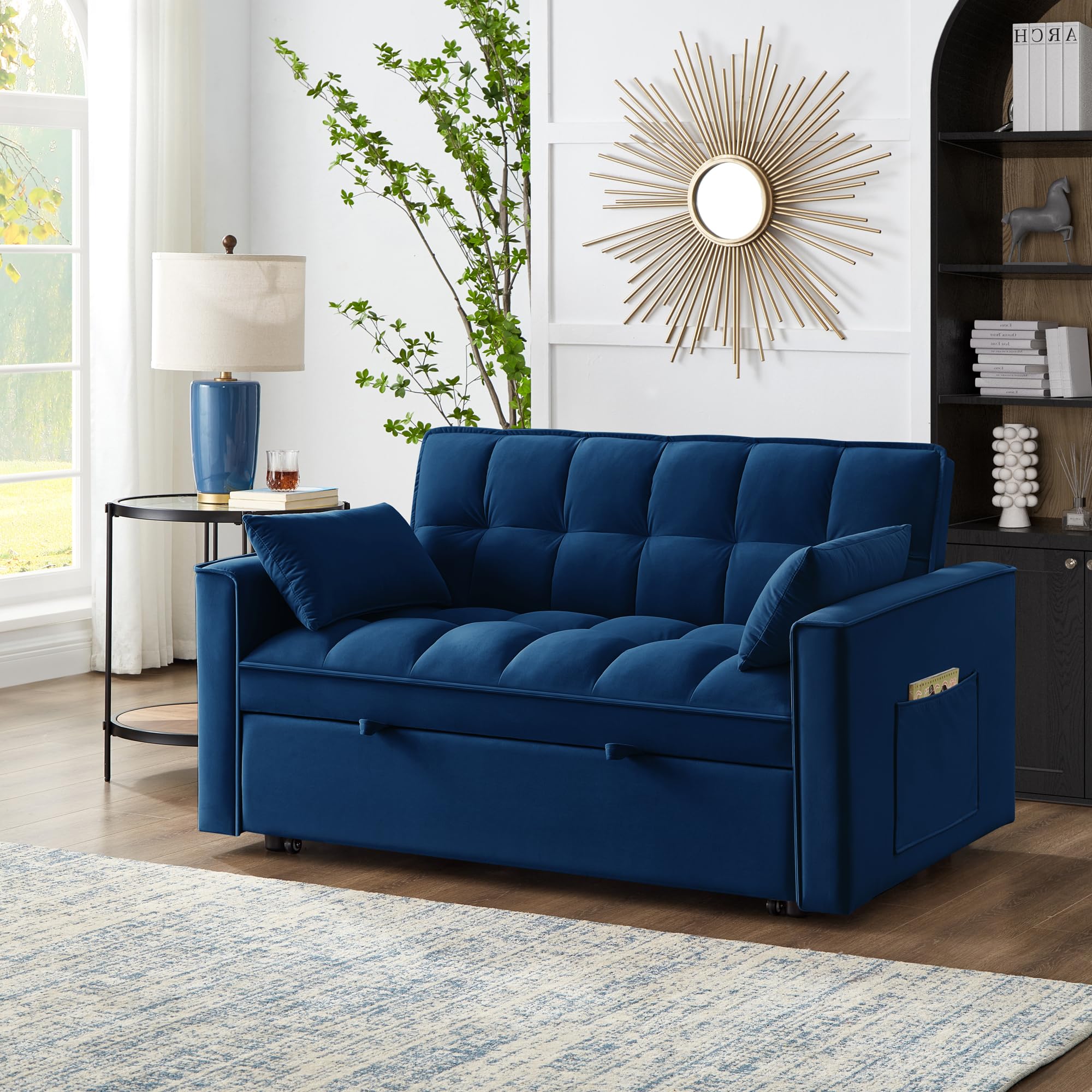 Navy Blue Velvet Sleeper Sofa Couch Bed, 4 in 1 Small Modern Convertible Loveseat Futon Sofa with Pullout Bed and Adjustable Backrest for Small Space Living Room Apartment Office Studio Lounge Reading
