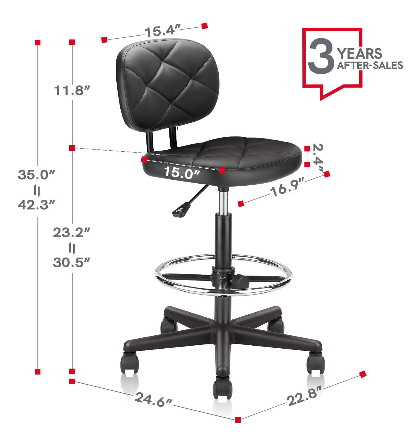KLASIKA PU Faux Leather Drafting Rolling Stool Chair with Seat Height Adjustable 30 inch Fixed Back Support Adjustable Foot Ring for Office Home Plaid Checked Pattern (1 Pack-New)