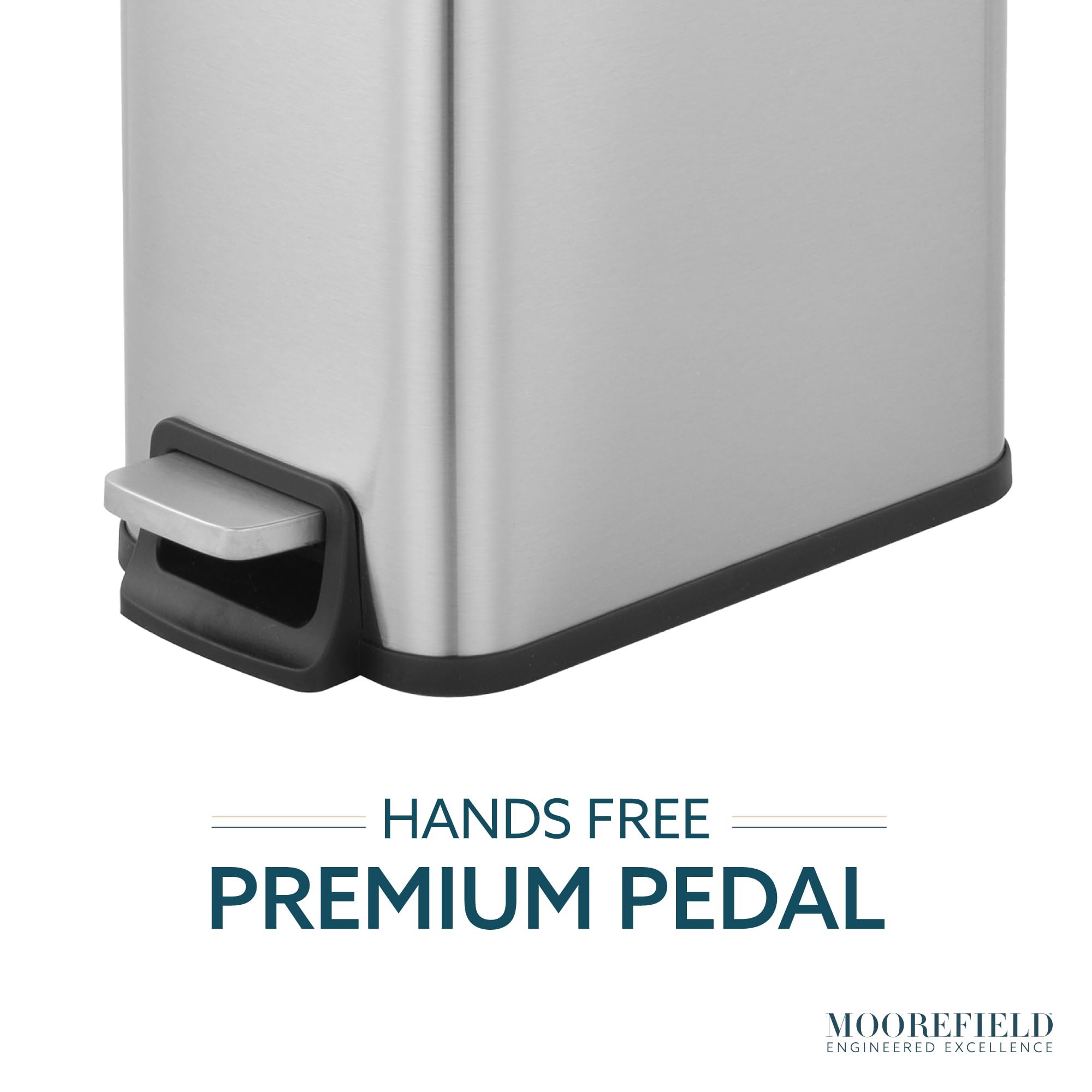 Moorefield Premium Stainless Steel Bathroom Wastebin, Rectangular Slim Design Trash Can, 1.6 Gallon Garbage Capacity, Step On Pedal, Slow Close Lid, Recessed Plastic Liner (Brushed Stainless Steel)