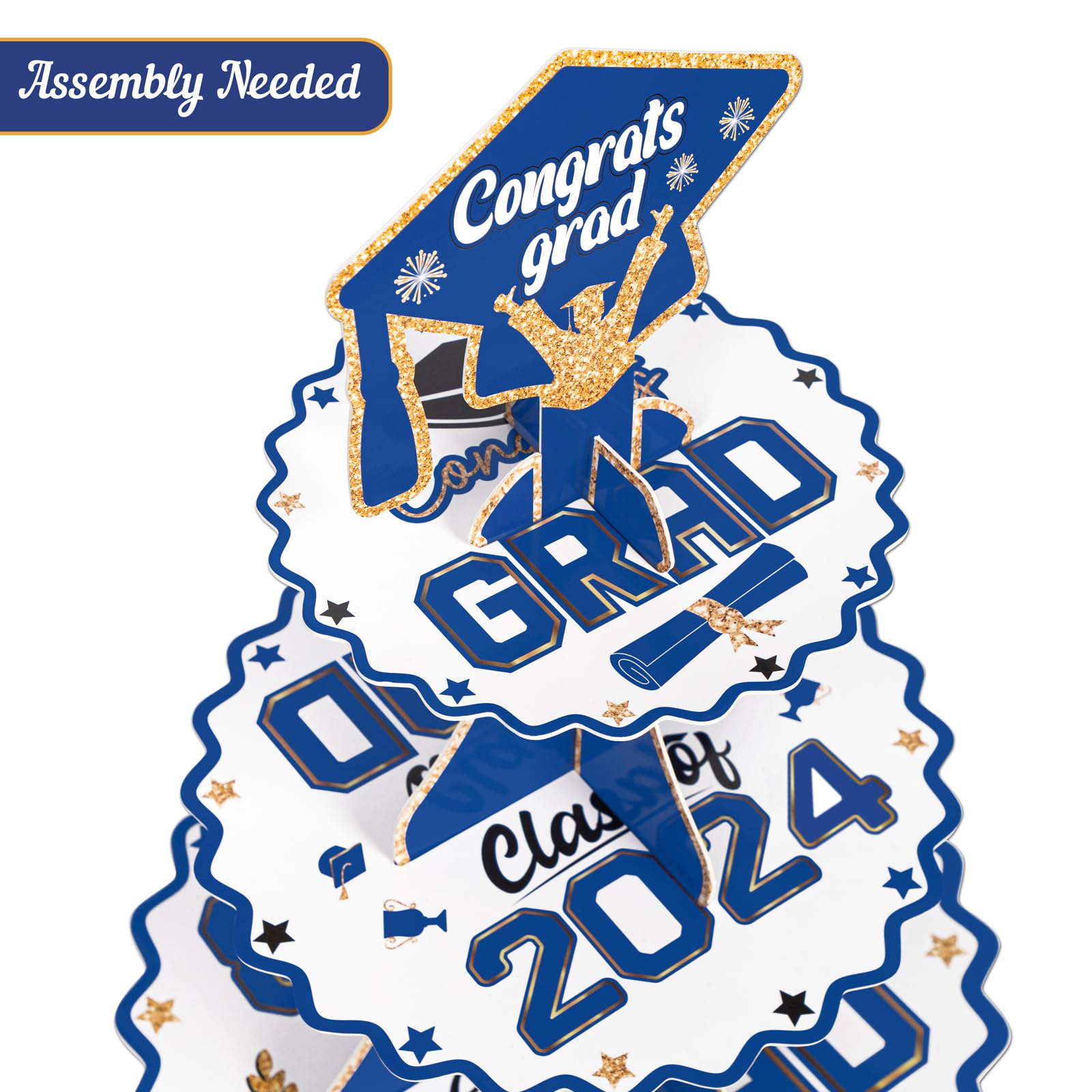 jollylife 2 Set Graduation Decorations Class of 2024 Blue and Gold Cupcake Stand,3-Tier Cardboard Congrats Grad Tower Plus 24 Cake Toppers Party Supplies Decor(Assembly Needed)