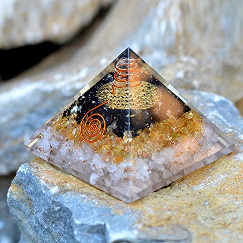Orgonite Crystal Orgone Pyramid for Triple Health Protection with Black Tourmaline, Citrine and Rose Quartz β Positive Energy Generator for Healing, Wealth and Prosperity