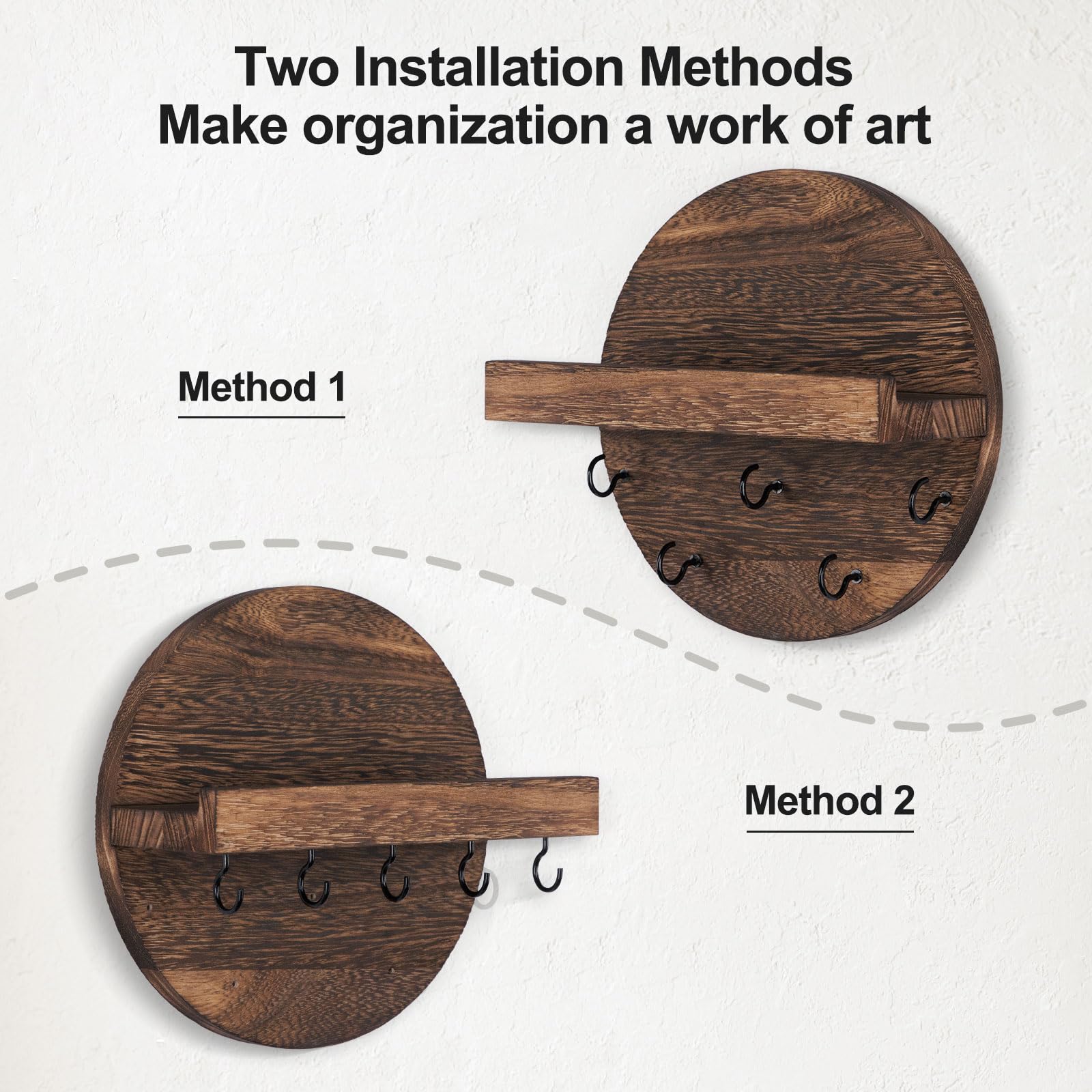 Lwenki Key Holder for Wall β Decorative Key Hook Shelf for Entryway Decor β 7.9 Inch Round Paulownia Wood Hey Hanger with 5 Metal Hooks Includes Mounting Hardware and Installation Guide