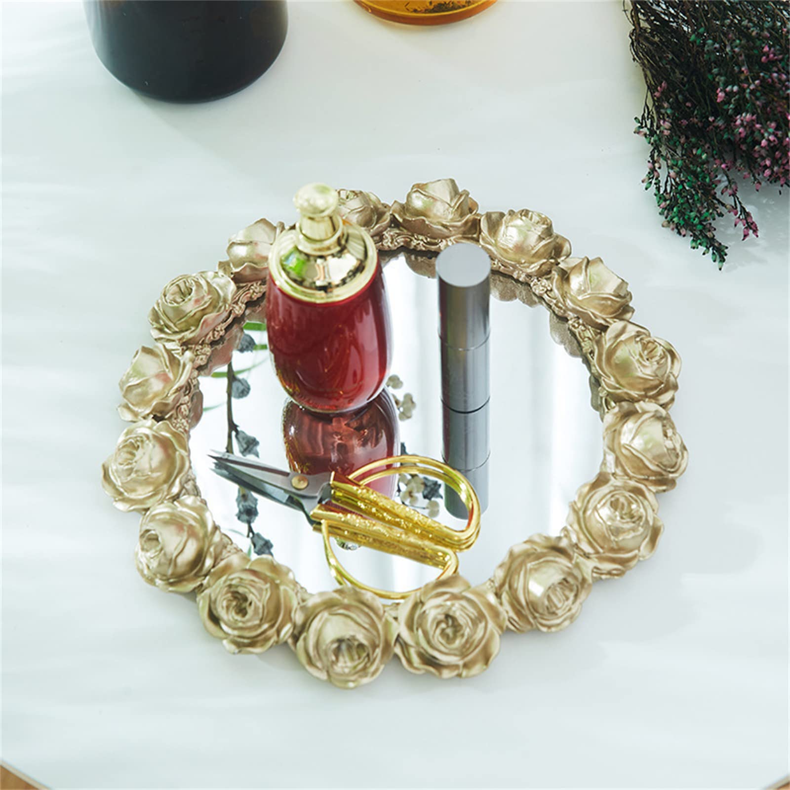 J56JIW2jjsim 1 Pcs Ins Style Retro Carved Resin Fruit Plate Mirror Tea Fruit Dessert Coffee Dessert Table Storage Tray with Rose Shape Side