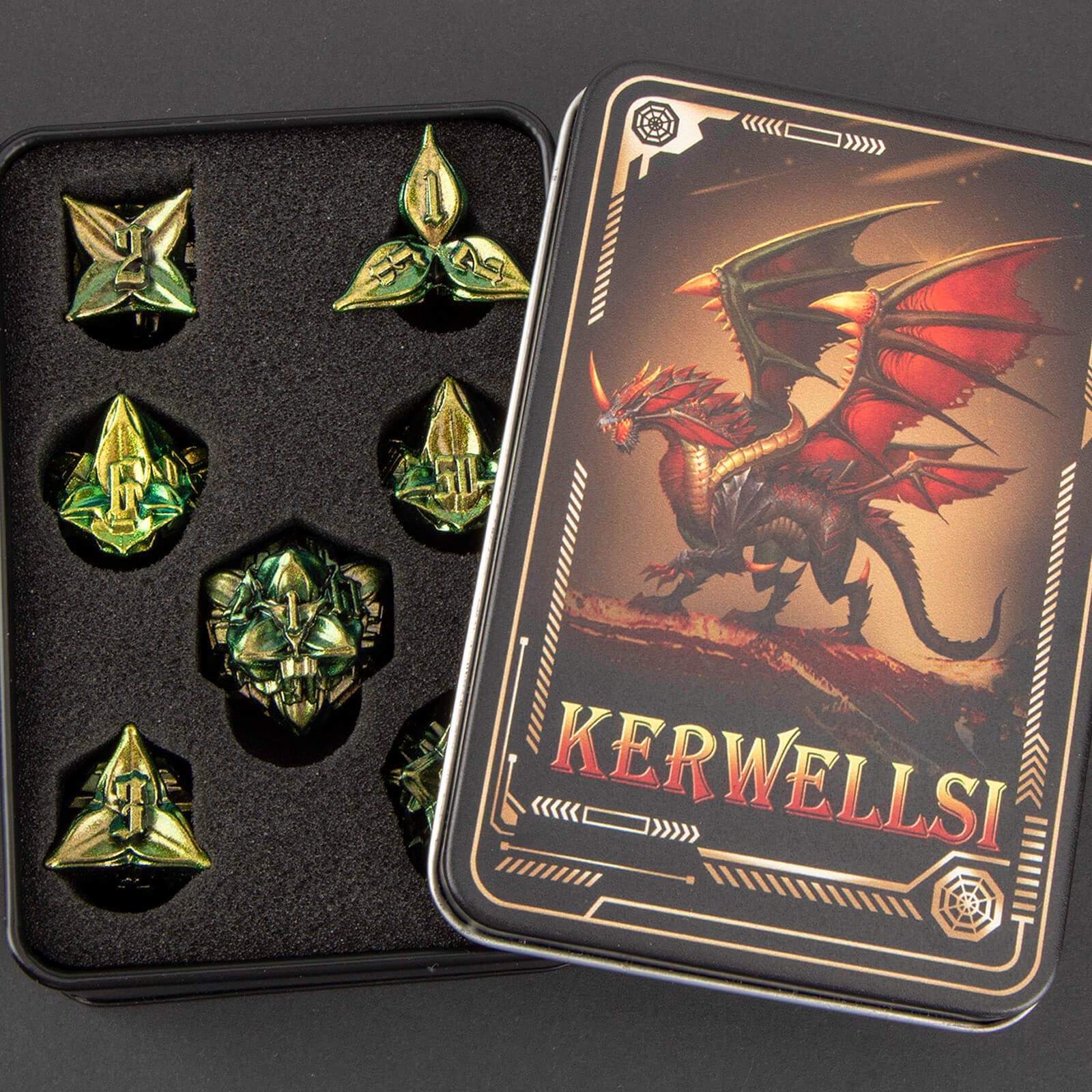 KERWELLSI Metal DND Dice Set, 7 Piece D&D Dice Set, Green Dungeons and Dragons Dice, Polyhedral Dice, RPG Role Playing Dice, D and D Dice with Box D20 D12 D10 D8 D6 D4