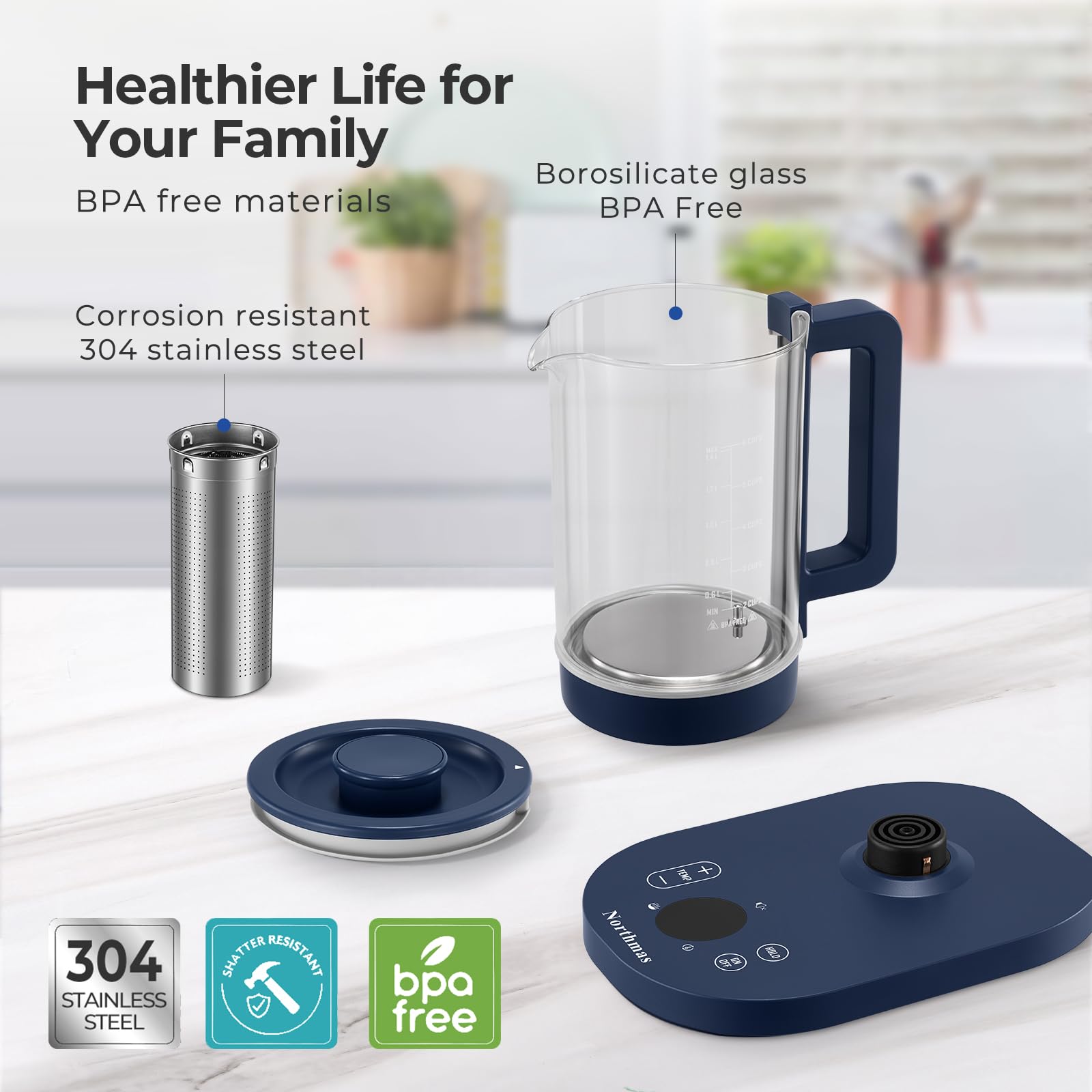 Northmas Electric Tea Kettle,Glass Kettle Electric Temperature Control with Infuser, Auto Shut-Off, Rapid Boiling 1200W, Boil-Dry Protection, Keep Warming 6 Hours, Wide Opening Easy Clean, 1.4L, Blue
