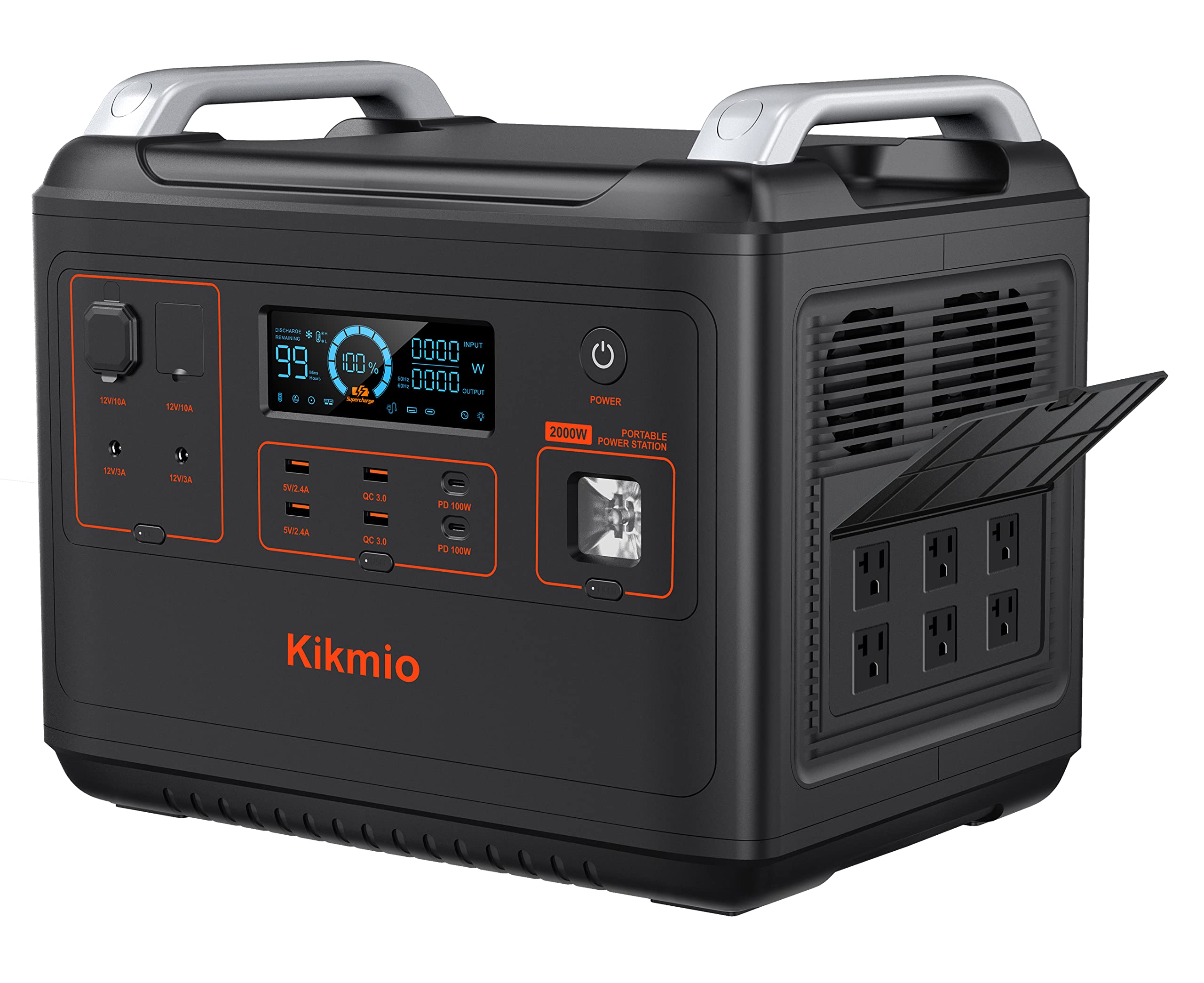 Kikmio Portable Power Station 2000W(Peak 4000W), 2000Wh Backup Battery LiFePO4 Fast Charge 1.5 hours 100%, Solar Generator with 6 110V AC Outlet for Outdoors Home CPAP Camping Travel Emergency