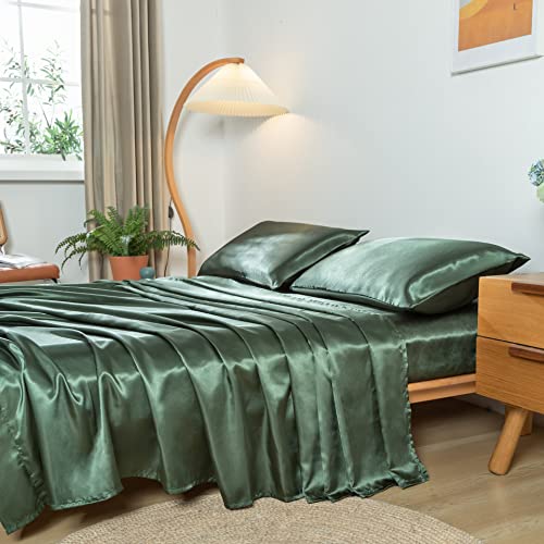 Revdomfly 4 Pcs Luxury Silky Soft Olive Green Satin Sheet Set,1 Premium Moisture Wicking Fitted Sheet Fits Up to 16 Inches Deep Pocket + 1 Flat Sheet + 2 Pillowcases(Olive Green, California King)