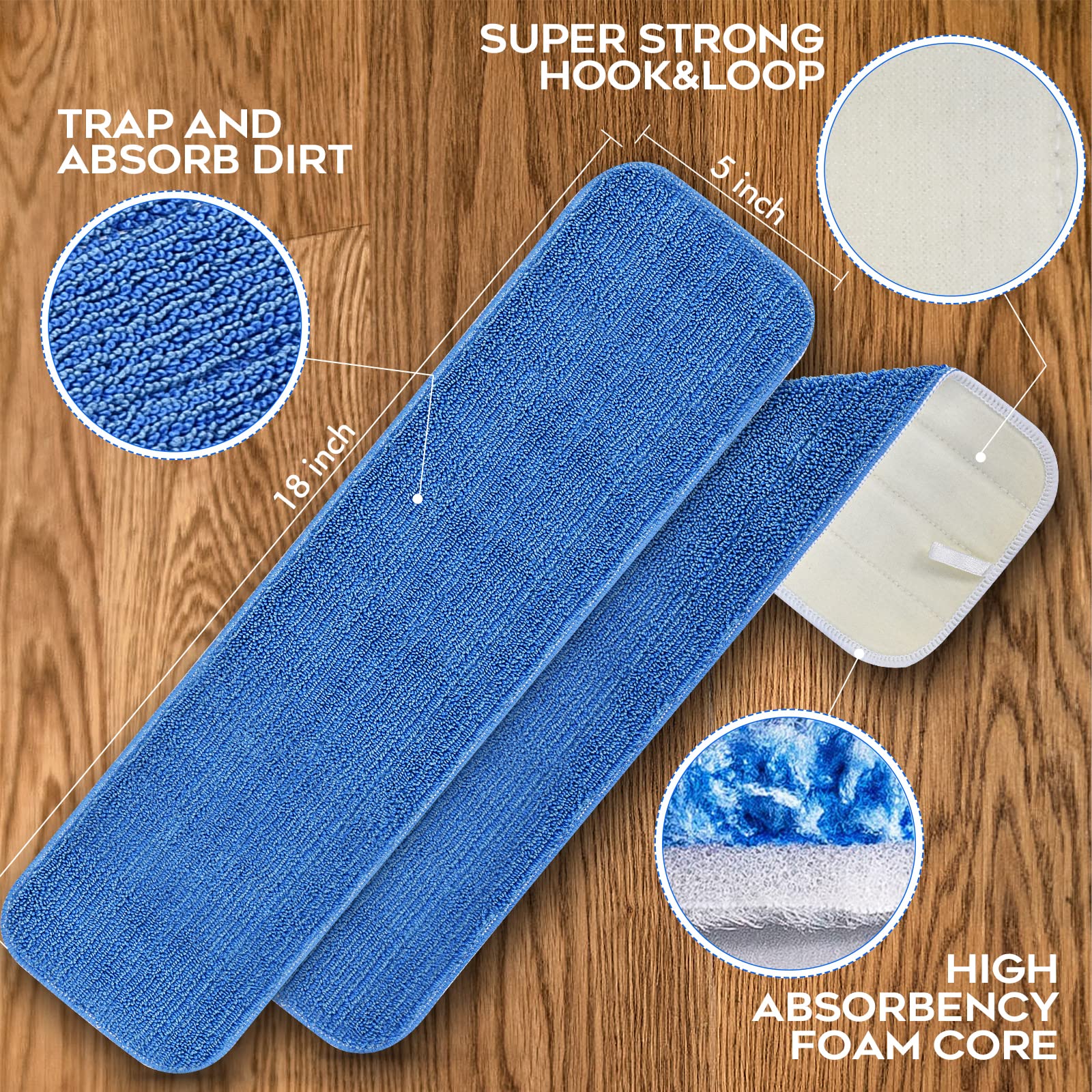 MATTHEW 18'' Microfiber Spray Mop Replacement Pads Heads for Wet Dry Reusable Mops Floor Home Commercial Cleaning Refills, Machine Washable Fits Compatible with Bona Mop&Most Spray Mops Blue (3 Pack)