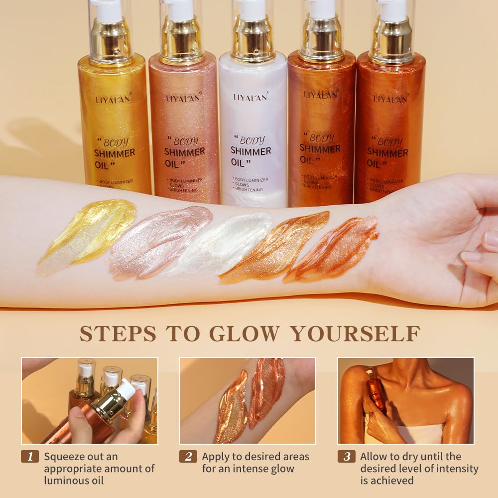 Liyalan Shimmer Body Oil Golden Brown 5 Color Bronze Face Glow Pearl Highlighter Illuminator Body Makeup Shine Glitter Gold Liquid Taning(3.38 Fl Oz/#04)