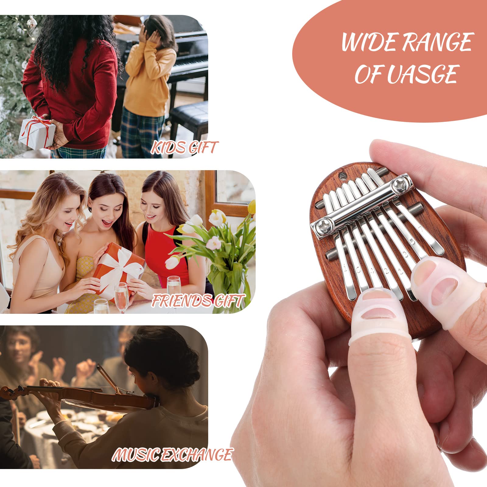 Konohan 24 Pcs 8 Keys Mini Kalimba Piano Set, Include 4 Mini Exquisite Finger Thumb Piano 4 Lanyard 4 Chains 8 Finger Protector 4 Cleaning Cloth for Kids Adults Beginners Gift (Cute Style)
