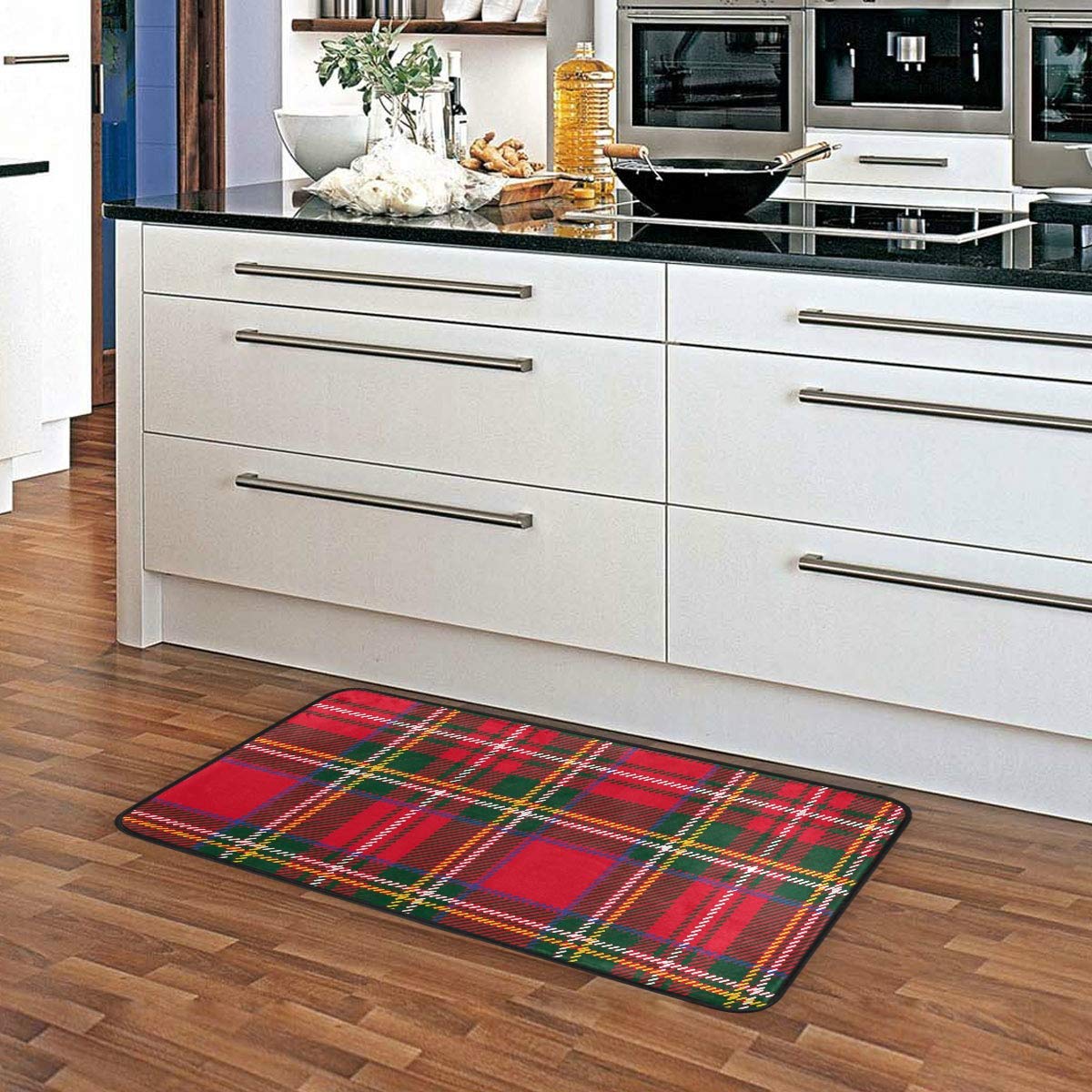 Kitchen Rugs Runner Red Green Tartan Plaid Pattern Comfort Floor Mat Bath Mats Bed Desk Bathroom Area Rug Long Doormat Carpet Home Hotel