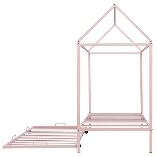 Merax Cute Montessori Bed with Trundle Twin, Metal Low House Daybed for Kids No Box Spring Needed/Space Spaving Pink