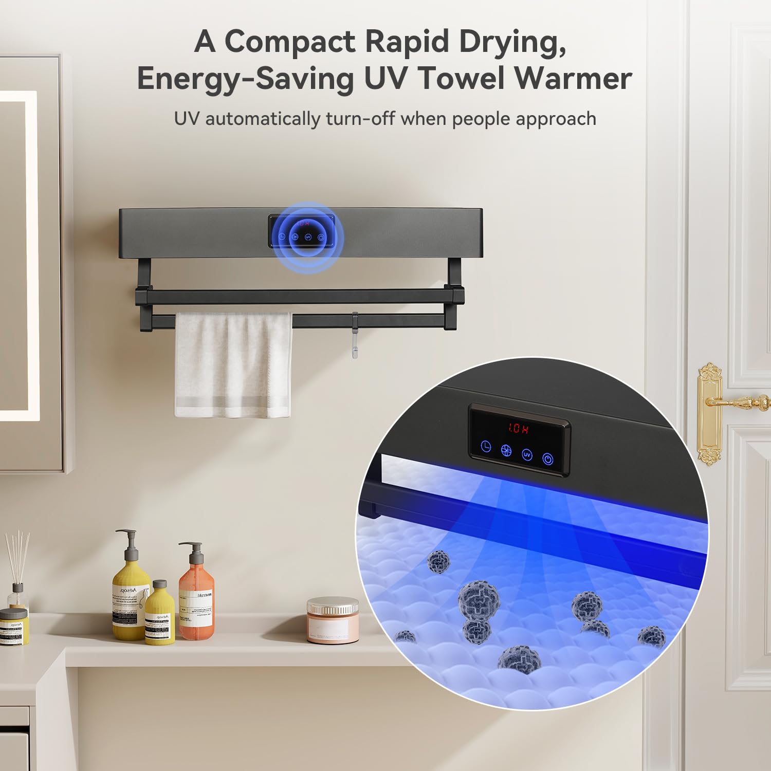 Puluomis Electric Towel Warmer Rack with Touch Screen, Wall Mounted Energy-Saving Towel Warmer with Drying Function, Auto-Off UV-Bathroom Heated Towel Rack for Bathroom, Spa, Hotels, Black