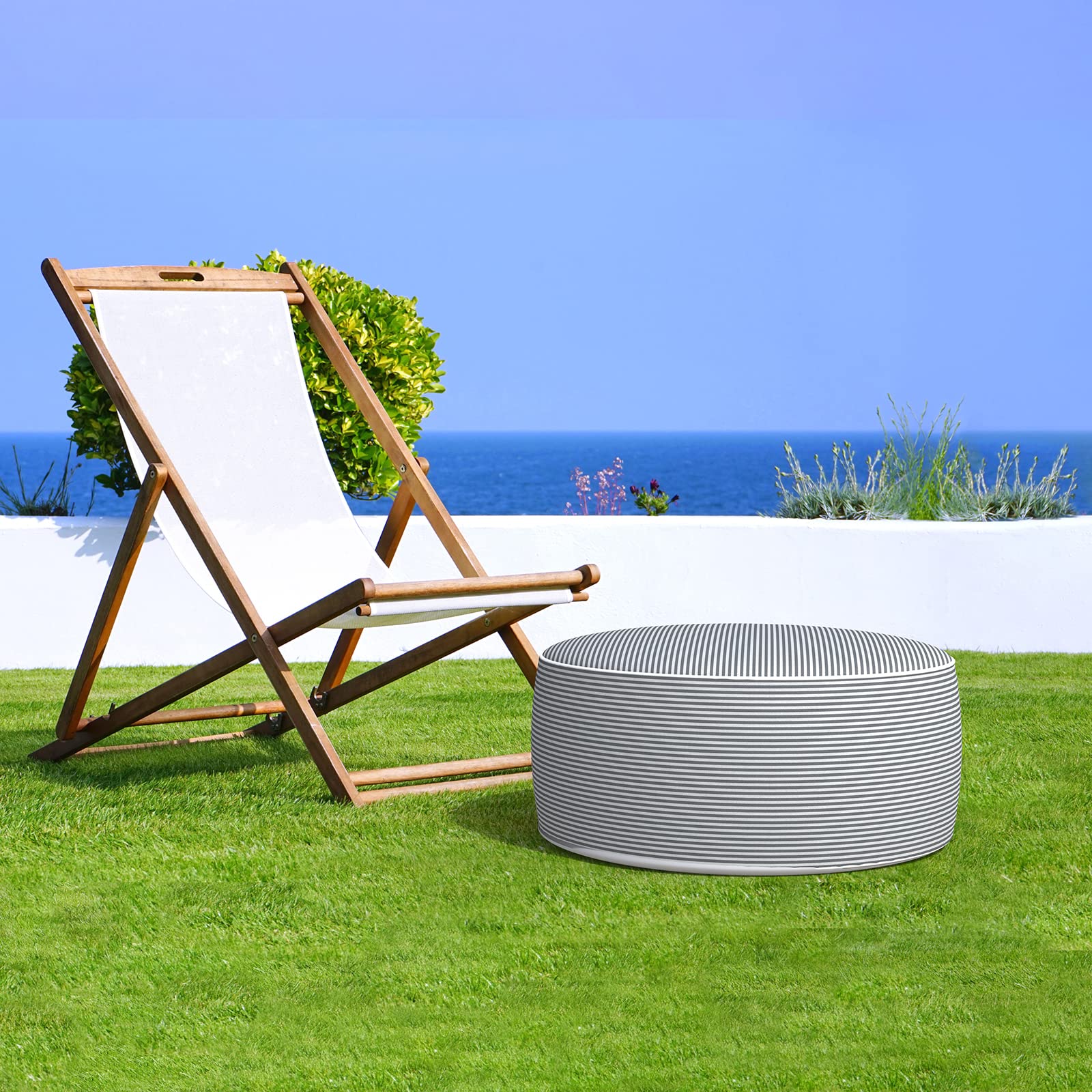 LVTXIII Inflatable Stool Ottoman Footrest with Handle, All Weather Foot Rest, Indoor or Outdoor Use for Home Patio Garden and Camping, D21 x H9, Topanga Stripe Grey