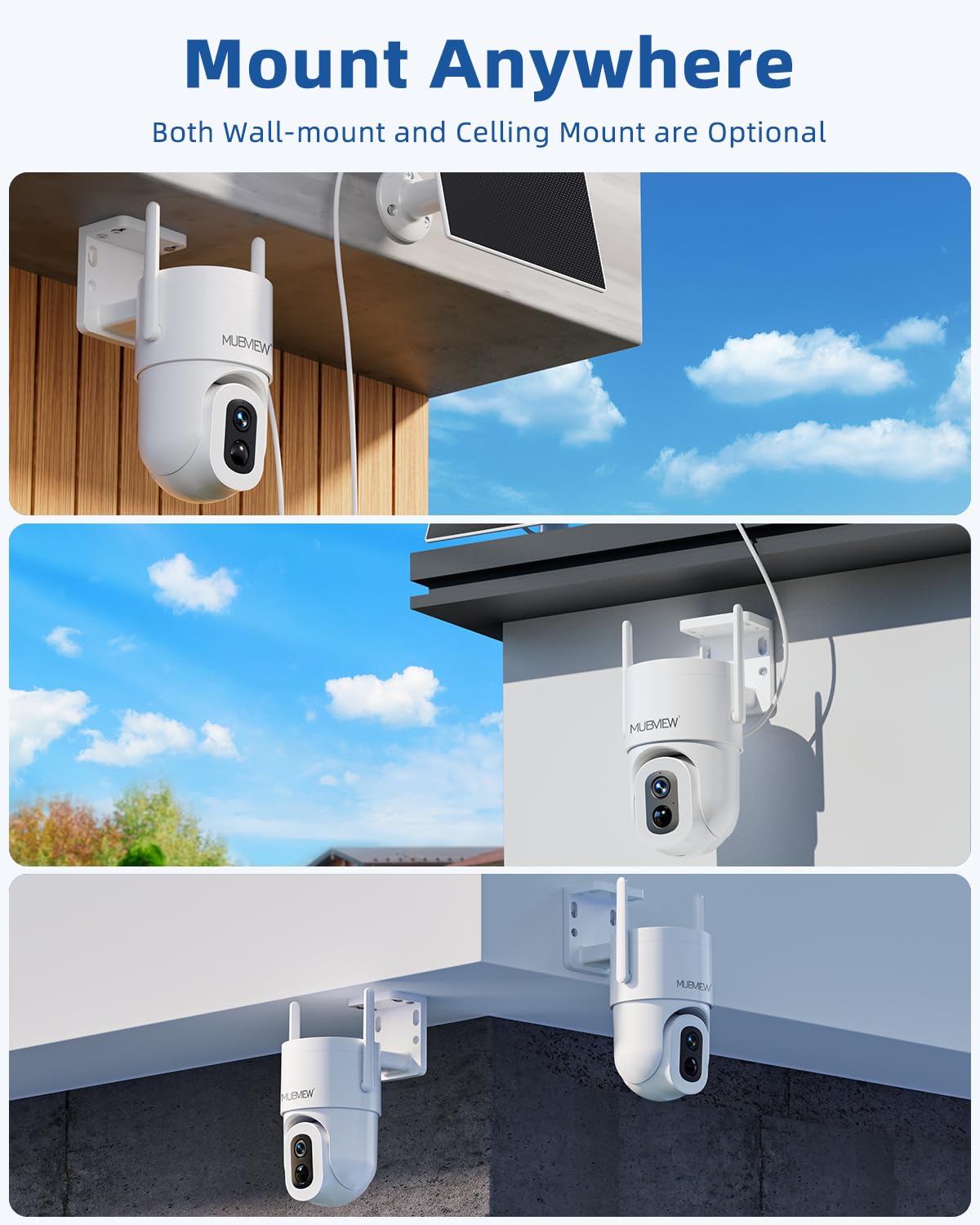MUBVIEW Solar Security Cameras Wireless Outdoor, 2K Battery Powered Security Camera, Floodlight Camera with 800 Lumens Light & Siren, 360° PTZ, Color Night Vision, PIR Detection, 2.4GHz, IP66
