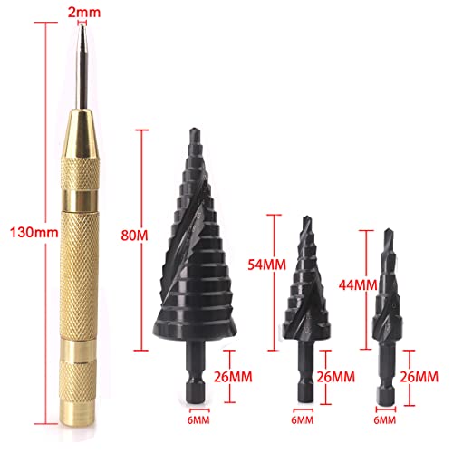 LWCUSNJ 4 Piece Step Drill Bit Set and Automatic Center Punch, HSS Nitriding Black Spiral Fluted Drill Bits for Hardened Metal, Stainless Steel, Wood, Plastic,6mm Hex Shank,Sizes 4-12mm/4-20mm/4-32mm