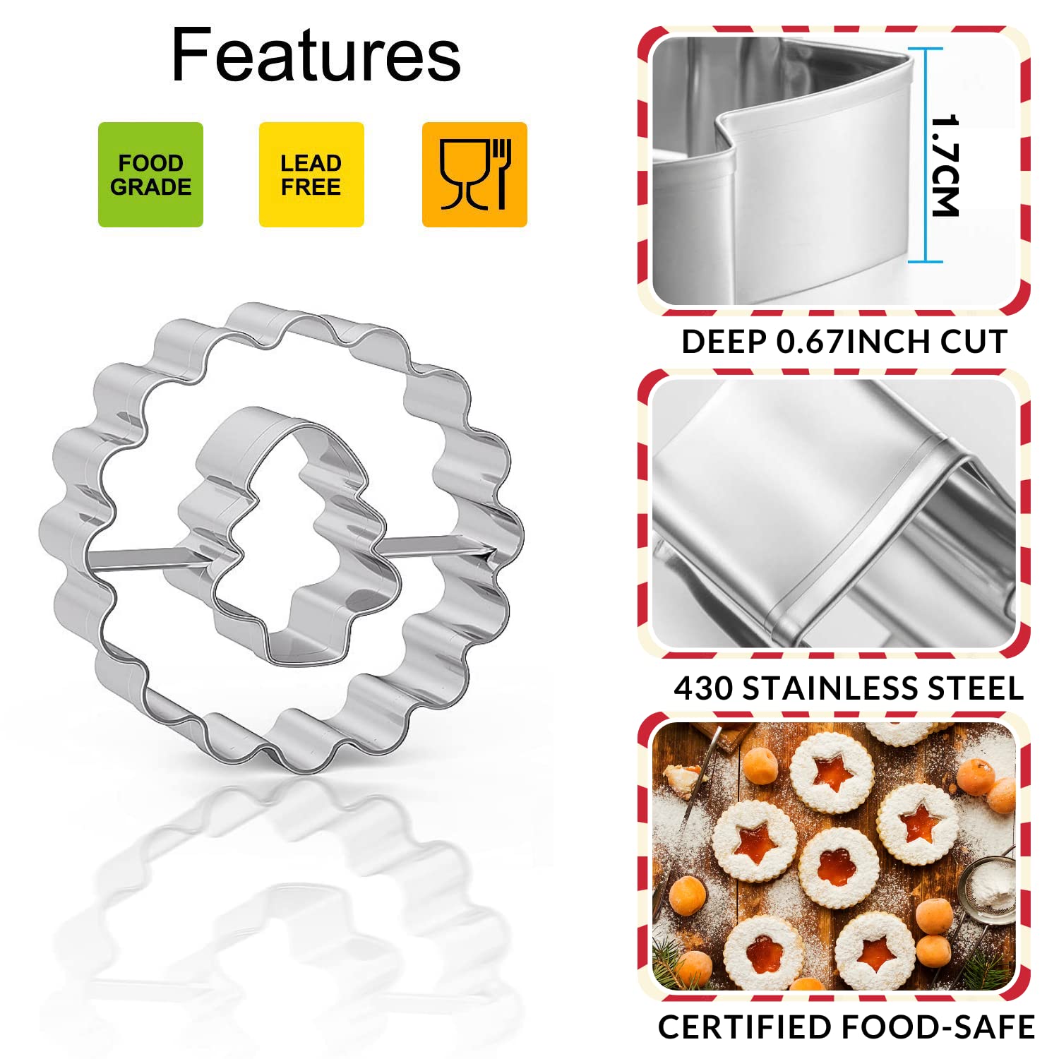 KAISHANE 9PCS Mini Linzer Cookie Cutter Set, Christmas Holiday Metal Cookie Cutters, Gingerbread Man, Christmas Tree, Bell, Heart Shape for Baking Sandwich Jam Cookies