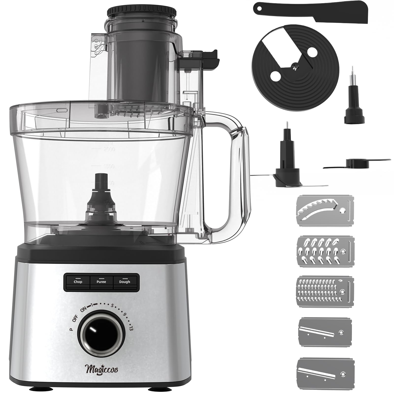 Magiccos 14-Cup Lemon Slicer Food-Processor - Large Feed Chute, 13 Speeds & Pulse, 3 Programs,Cheese Shredding, Cutting Fries, Meat Chopping, Shredding and Slicing, Mixing and Doughing, for Home Use