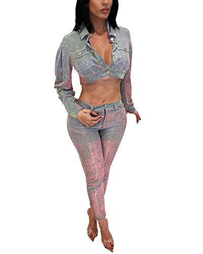MS Mouse Womens Long Sleeve Jackets and Capris Set Sequin Two Piece Outfits L Silver