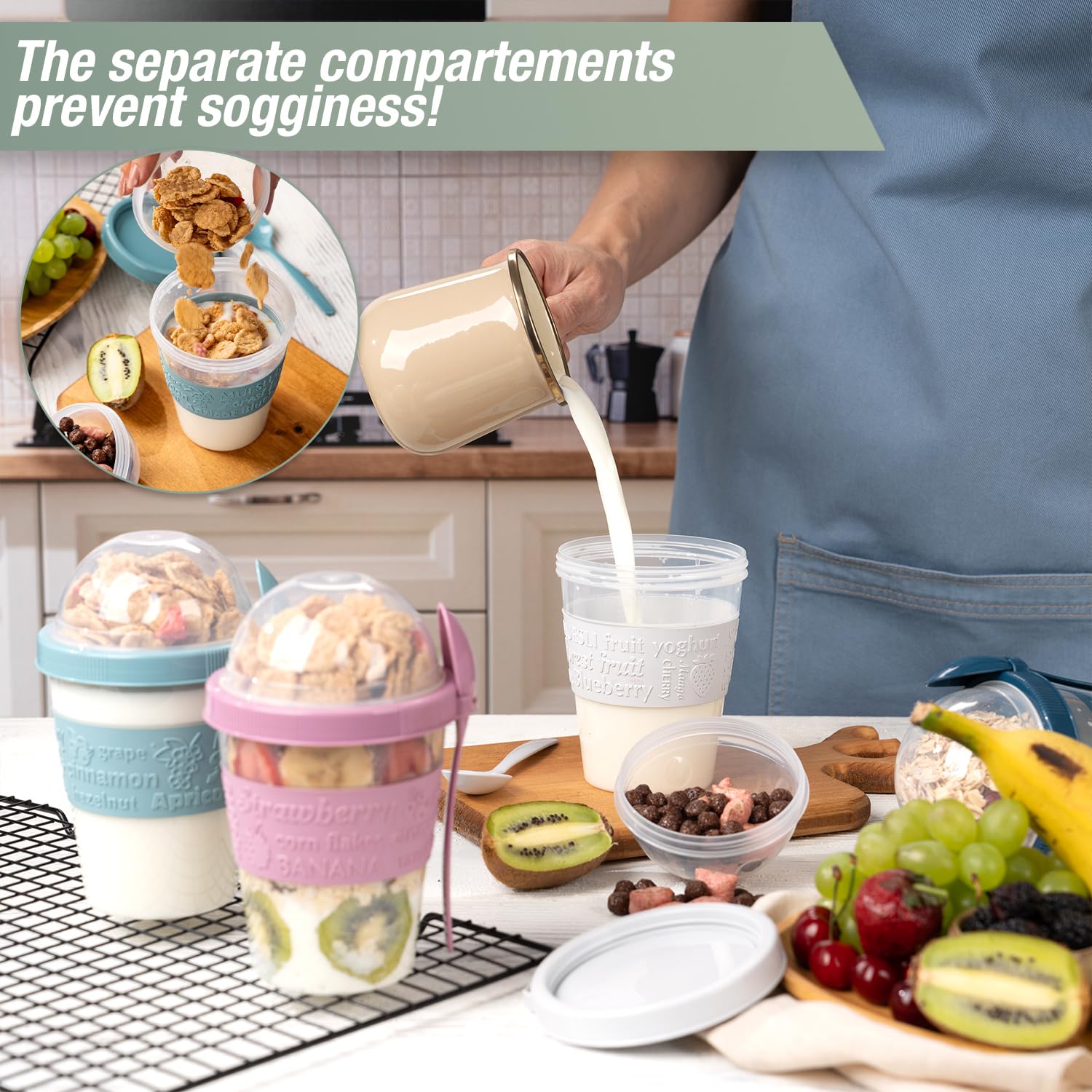 On The Go Cereal Yogurt Cups with Lids and Spoon, Overnight Oats Container, Reusable Parfait Plastic Milk Jar Breakfast Crunch Granola Oatmeal Smoothie Snack Prep Bowl To Take Along (4 Colors Set 2)