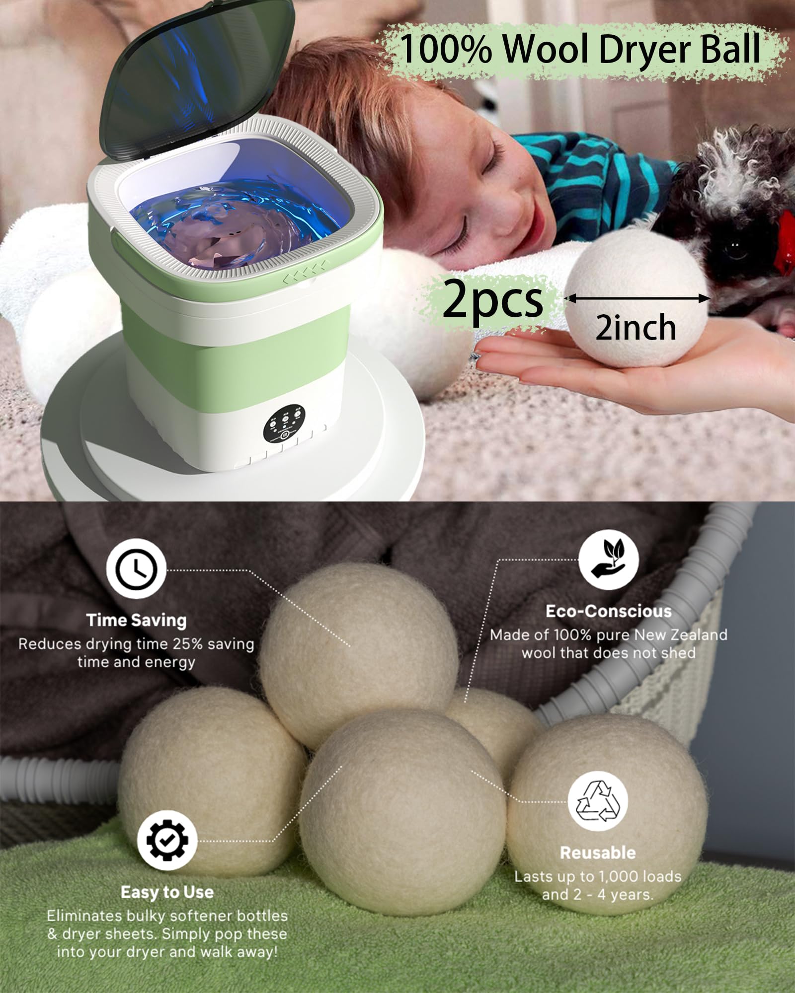Mini Portable Washing Machine â Mini Washing Machine with 13L Large Capacity, Mini Portable washer with 2 wool dryer balls, Foldable small washing machine for underwear,socks, baby/pet clothes