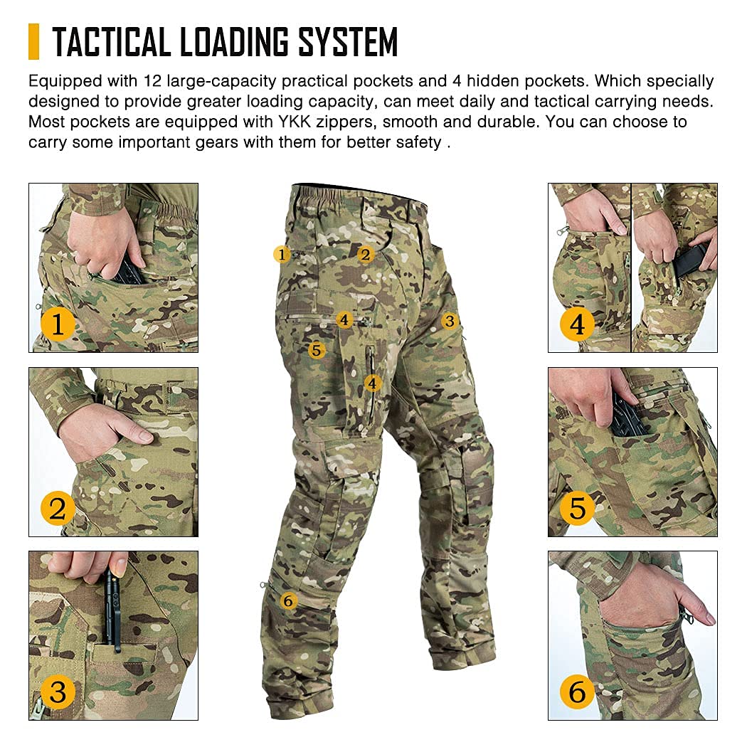 IDOGEAR Tactical Pants for Men Combat Pants with Hidden Knee Pads Military Camo Apparel Ripstop Multi-Pocket Outdoor Trousers (Multi-camo, 36W x 33L)