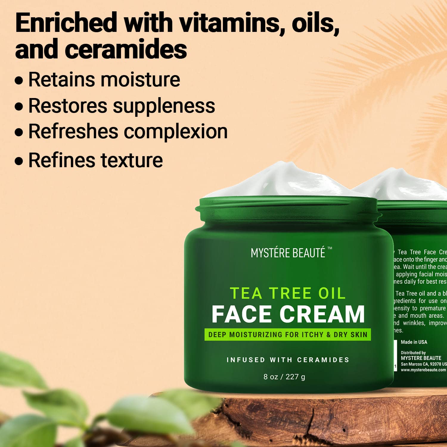 MYSTÉRE BEAUTÉ Tea tree Oil Face Cream Infused with Therapeutic Essential Oils and Vitamin C, Boosts Complexion, Lightens Look of Scars, Soothes Acne, Visibly Reduces Wrinkles - 8 oz