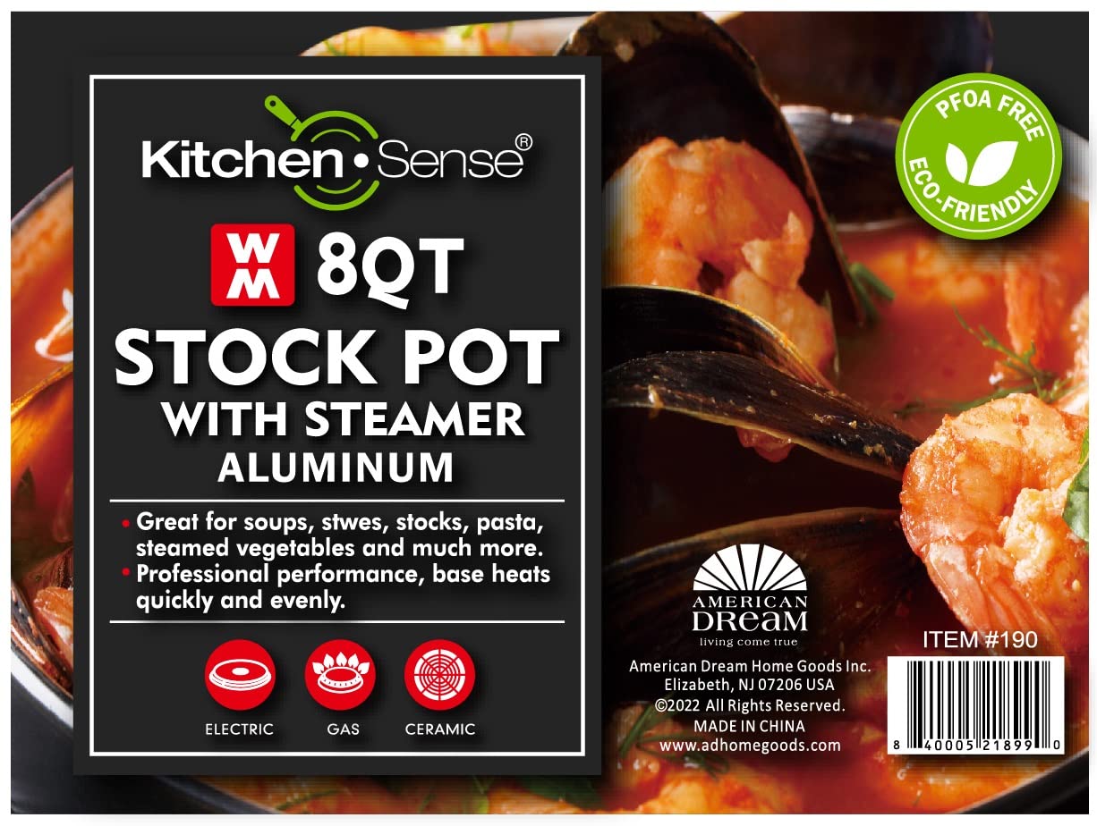 Kitchen Sense Aluminum Stock Pot with Steamer 4 piece Set of 8 quart (2 gallon), 12 quart (4 gallon), 16 quart (4 gallon), and 20 quart (5 gallon).