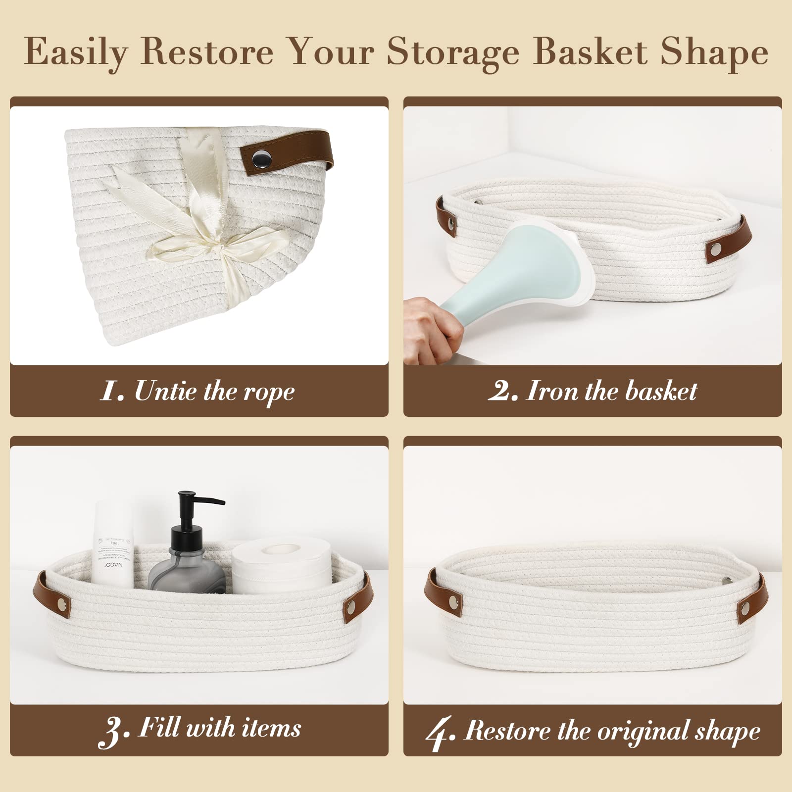 Lewondr Woven Cotton Rope Basket with Leather Handles, White, 12.99 x 5.91 x 3.94 inches