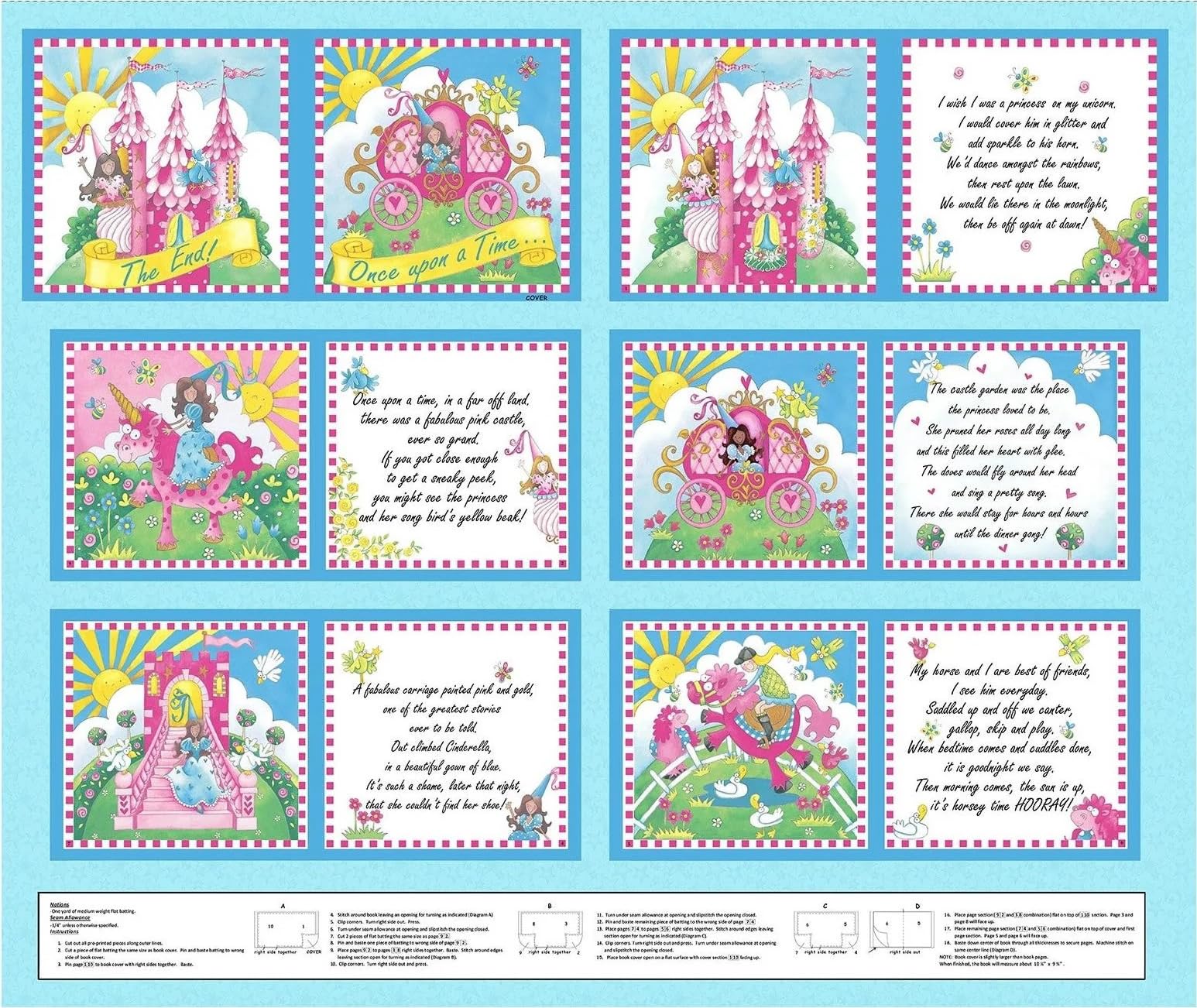 Once Upon a Time Children’s One Yard Fabric Cloth Book Panel, by Henry Glass & Co., Designed by Delphine Cubitt, Panel 42/44in Wide by One Yard, by The Panel, 134P-27
