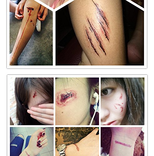 KIPETTO 20Pcs Halloween Temporary Tattoo Stickers Horror Realistic Waterproof Fake Bloody Wound Stitch Stickers Makeup For Halloween Party Cosplay