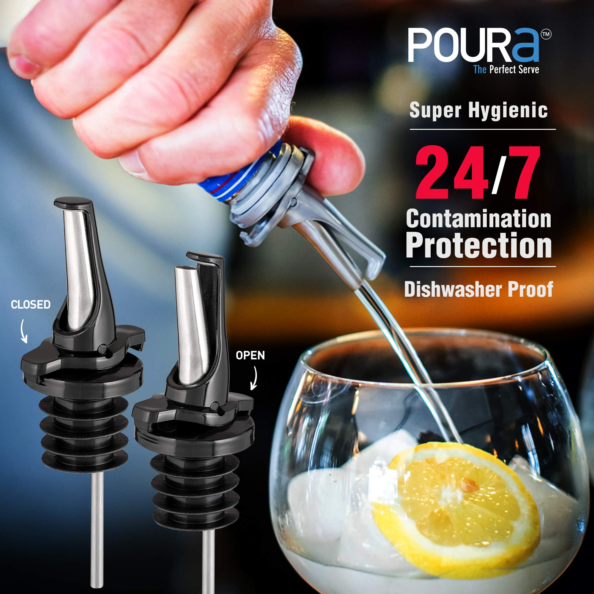 Liquor Bottle Pourers - Hygienic ClickSeal Alcohol Speed Pour Spouts - Stops Barfly, Dishwasher Safe. Also for Olive Oil, Juice, Syrup. Black 8 Pk with Adapters for Large Bottles