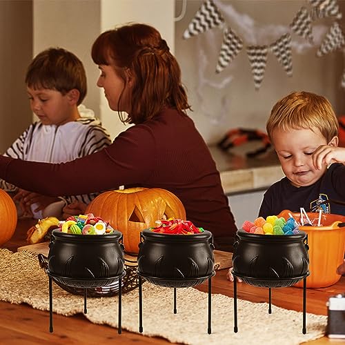 Rocinha Halloween Party Decoration, 3 Pcs Witches Cauldron Serving Bowls on Iron Stand, Black Plastic Hocus Pocus Candy Bucket for Halloween Party Indoor Outdoor Home Kitchen Decorations